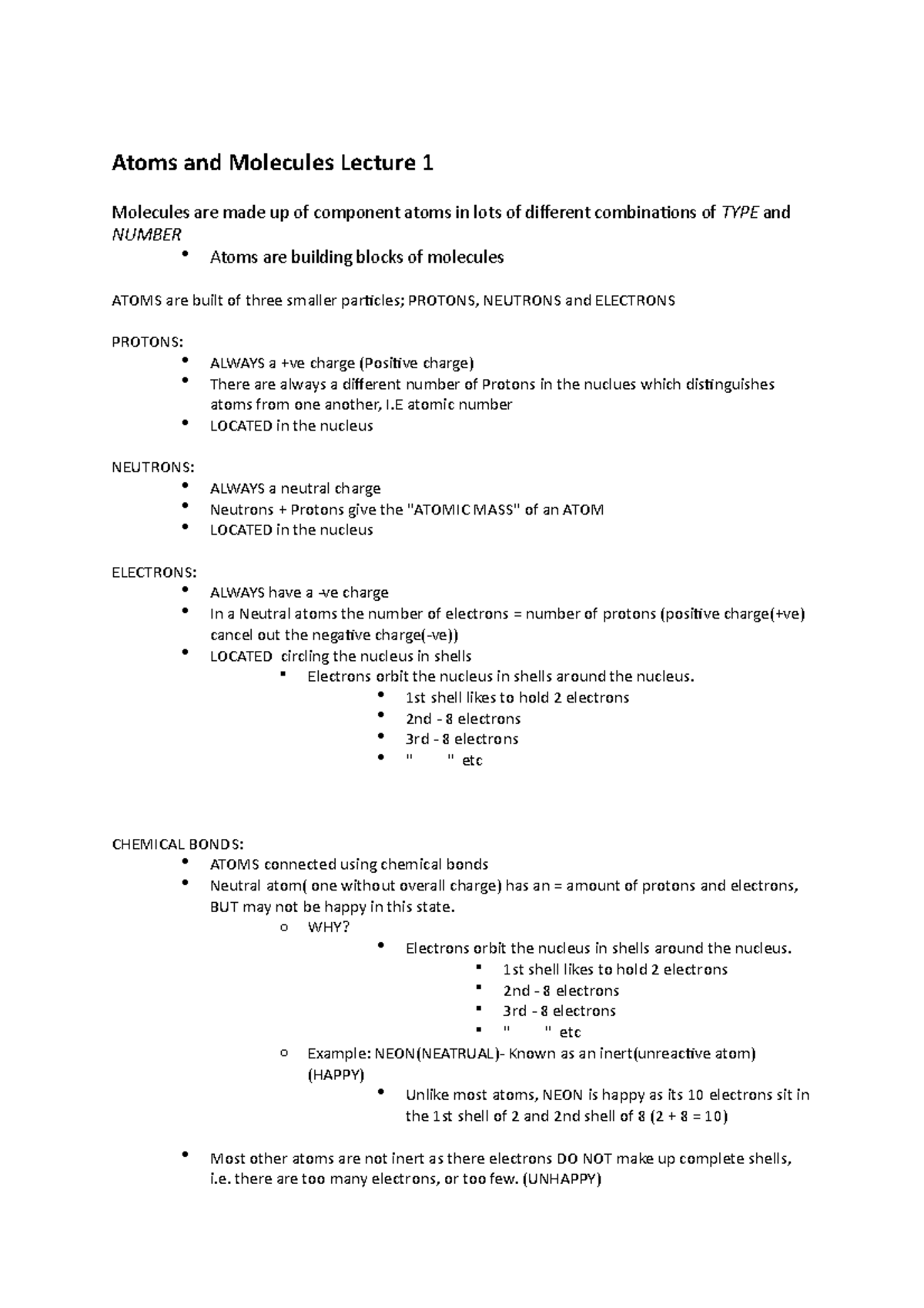 Lecture 1 to 7 Summarised Notes - Atoms and Molecules Lecture 1 ...