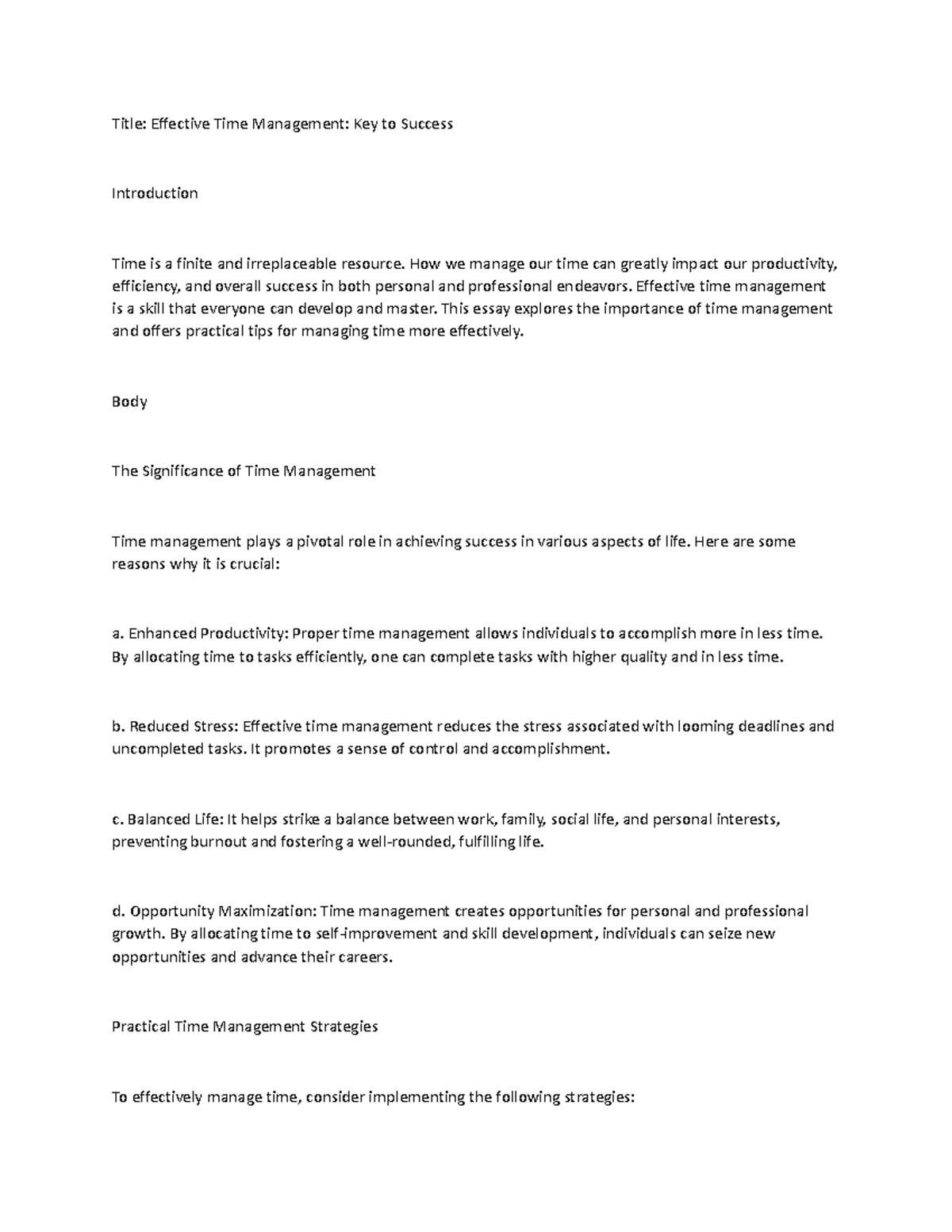 Title- Effective Time Management-Key to Success - Title: Effective Time ...