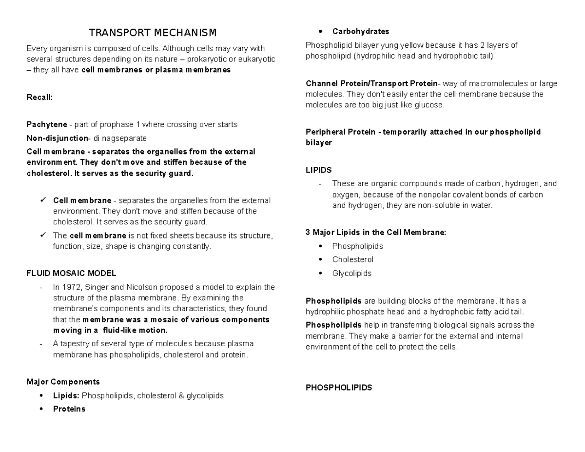 Genbio 3 - Science - TRANSPORT MECHANISM Every organism is composed of ...