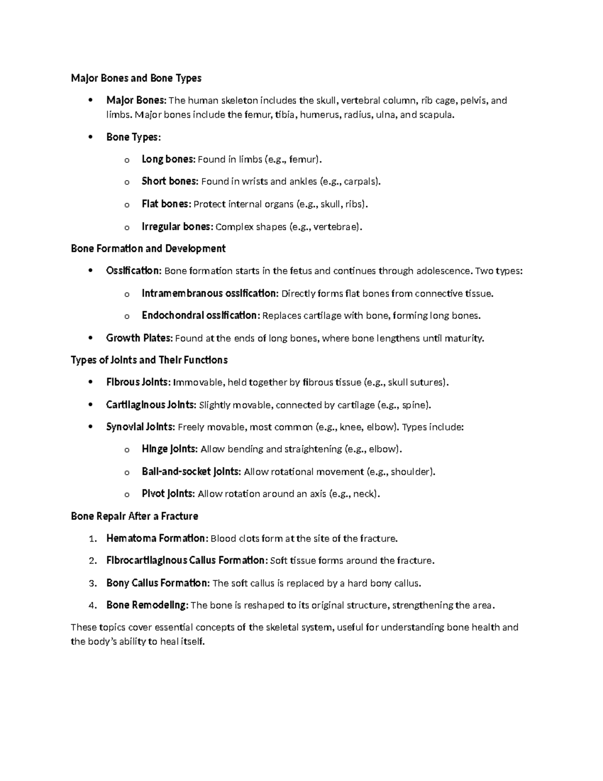Major Bones and Bone Types Notes - Major Bones and Bone Types Major ...