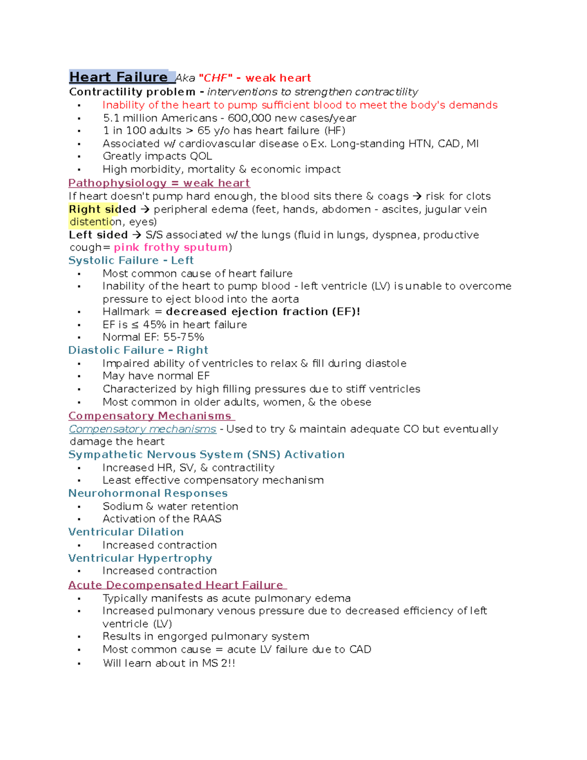 Heart Failure - Medical Surgical concepts - Heart Failure Aka "CHF ...