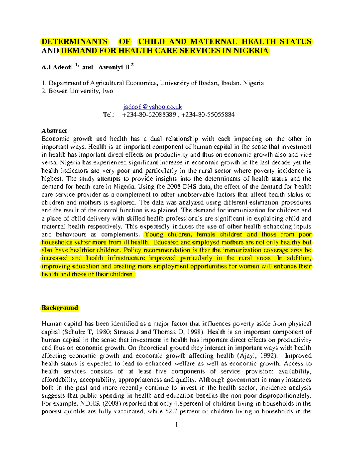 Determinants OF Child AND Maternal Health Status - DETERMINANTS OF ...