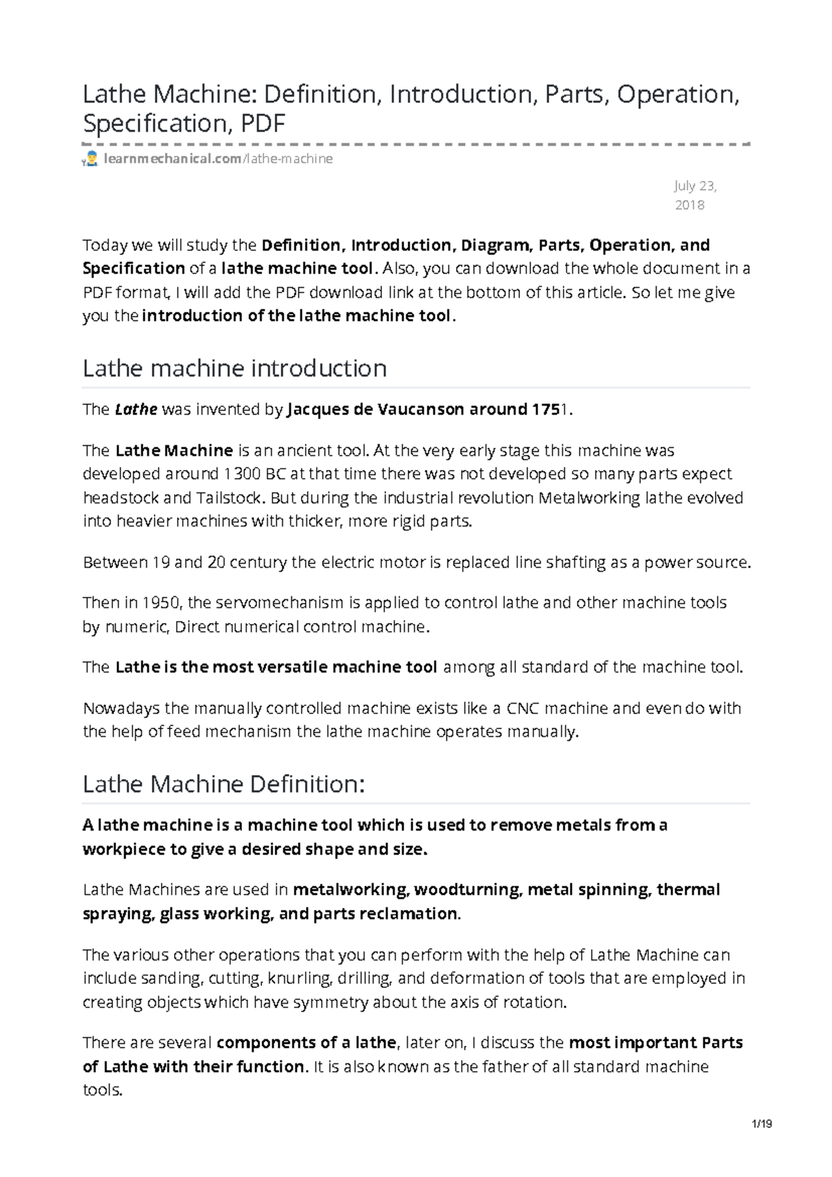 Lathe Machine Introduction Parts Operation Specification - July 23 ...