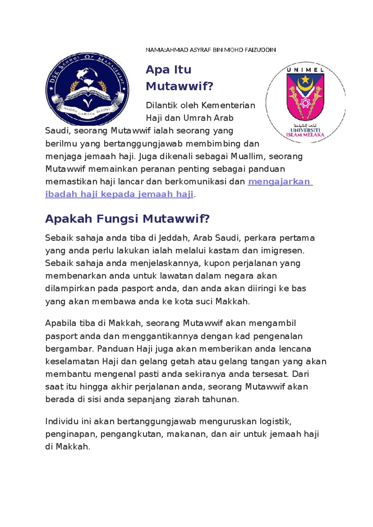 Bimbingan ATAU Mutawwif - NAMA:AHMAD ASYRAF BIN MOHD FAIZUDDIN Apa Itu ...