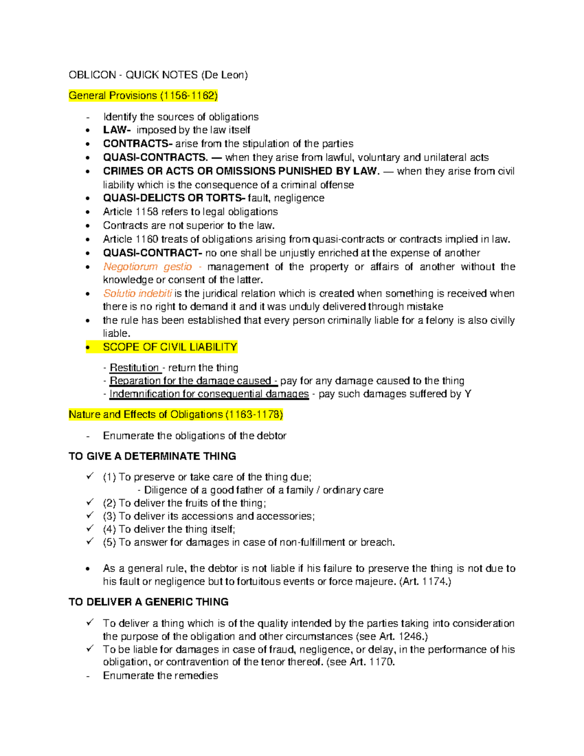 Quick Notes - Deleon BOOK - OBLICON - QUICK NOTES (De Leon) General ...