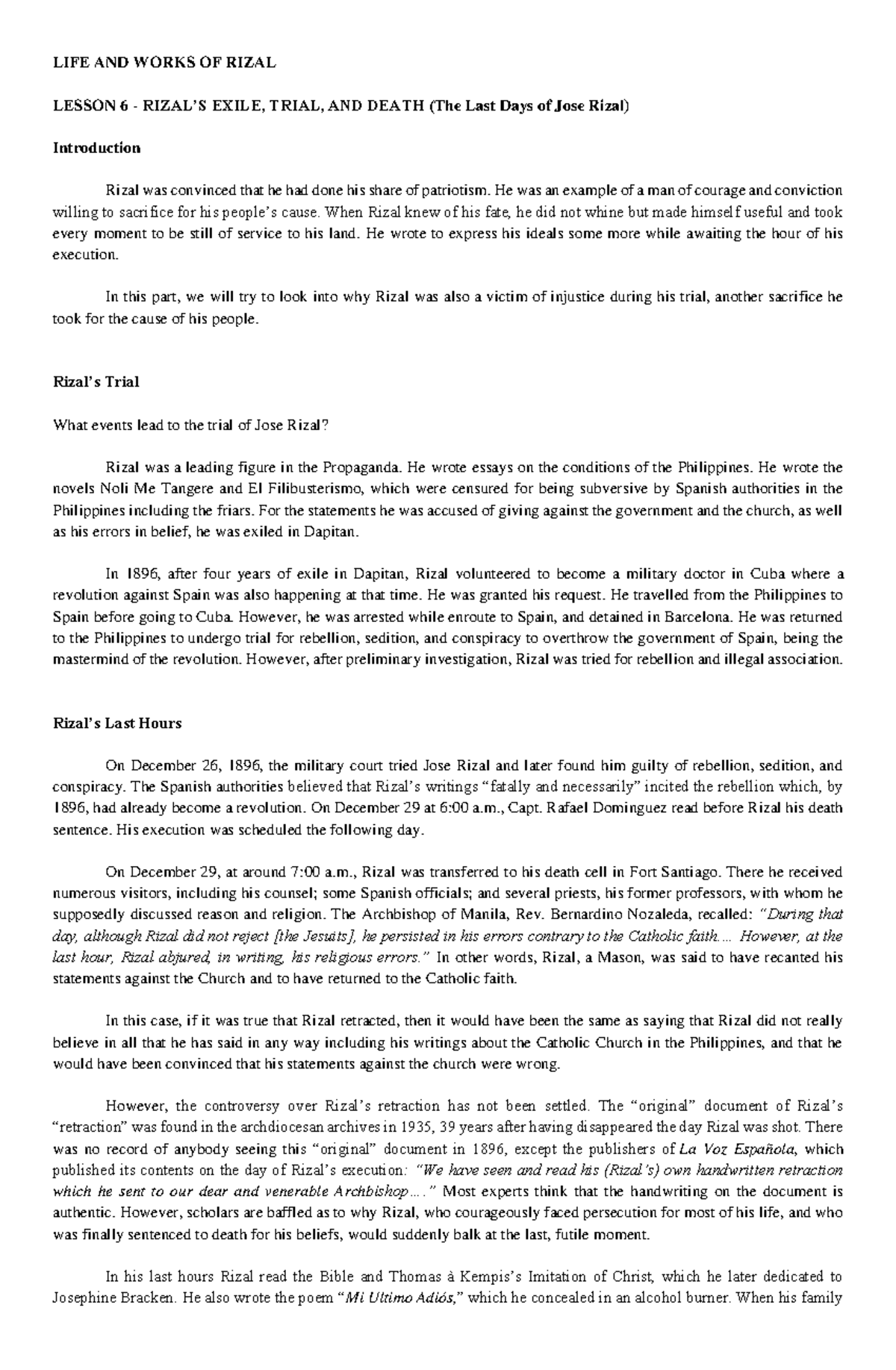Lesson 6 - Rizal-s Exile- Trial- and Death (The Last Days of Jose Rizal ...