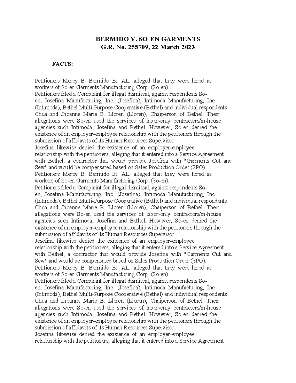 Bermido v So-en Garments - BERMIDO V. SO-EN GARMENTS G. No. 255709, 22 ...