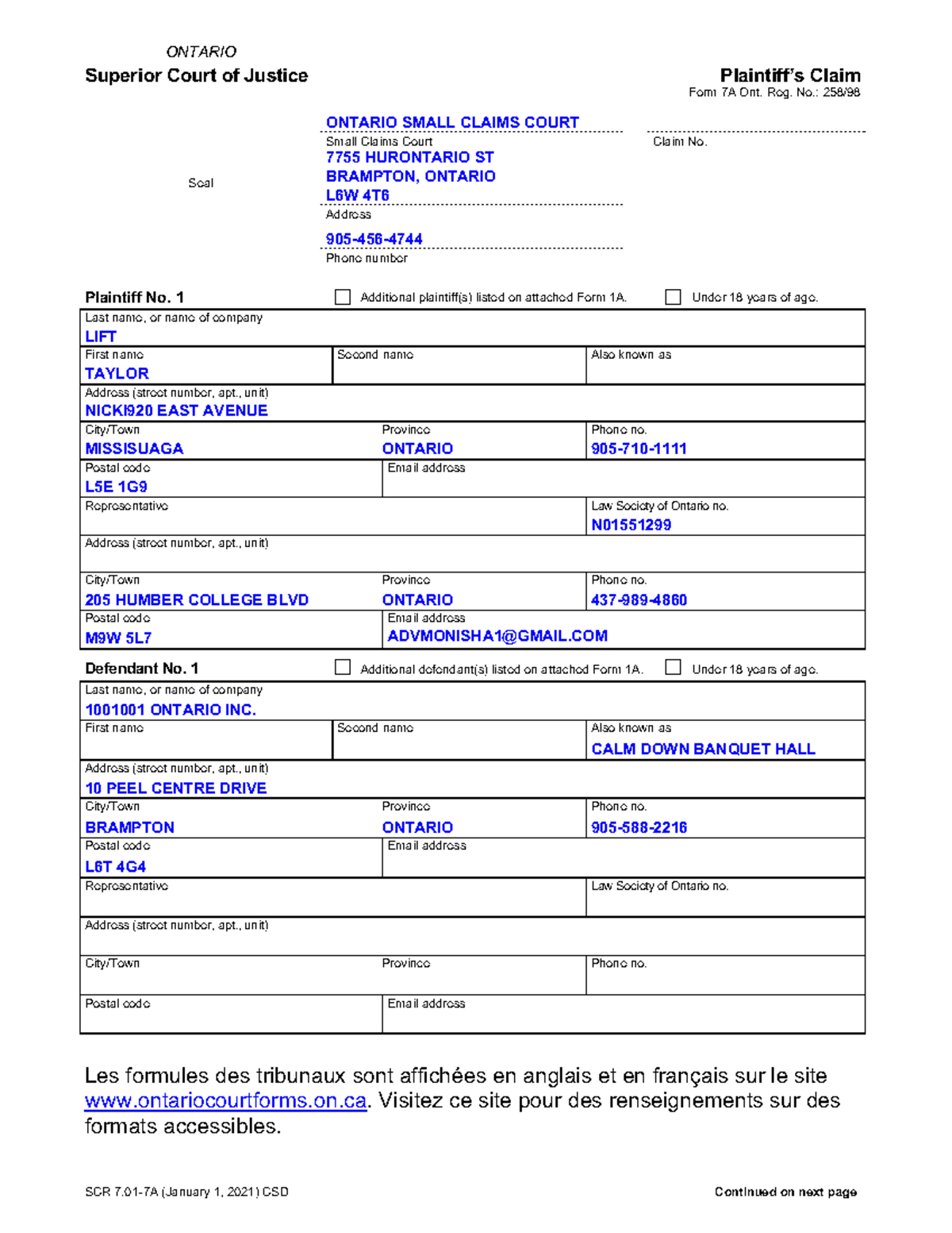 Plaintiff'S Claim FORM 7A - SCR 7-7A (January 1, 2021) CSD Continued on ...