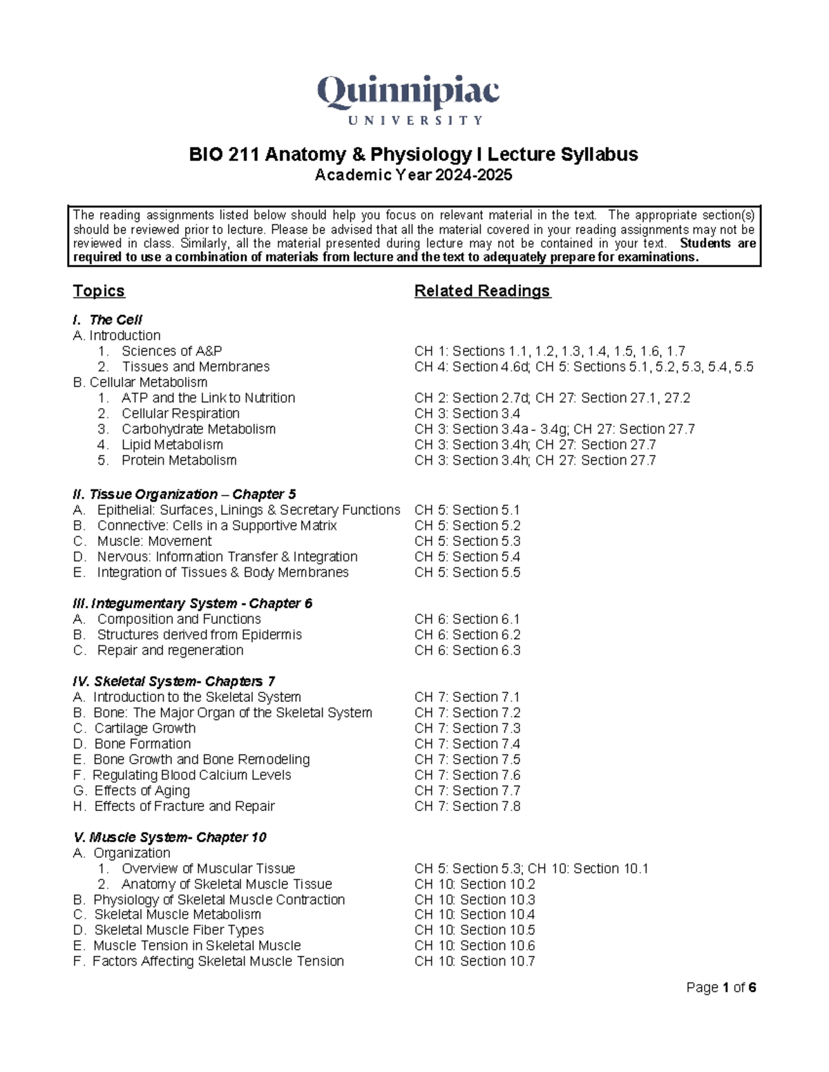 BIO 211 Unified Lecture Syllabus 24FA - BIO 211 Anatomy & Physiology I ...