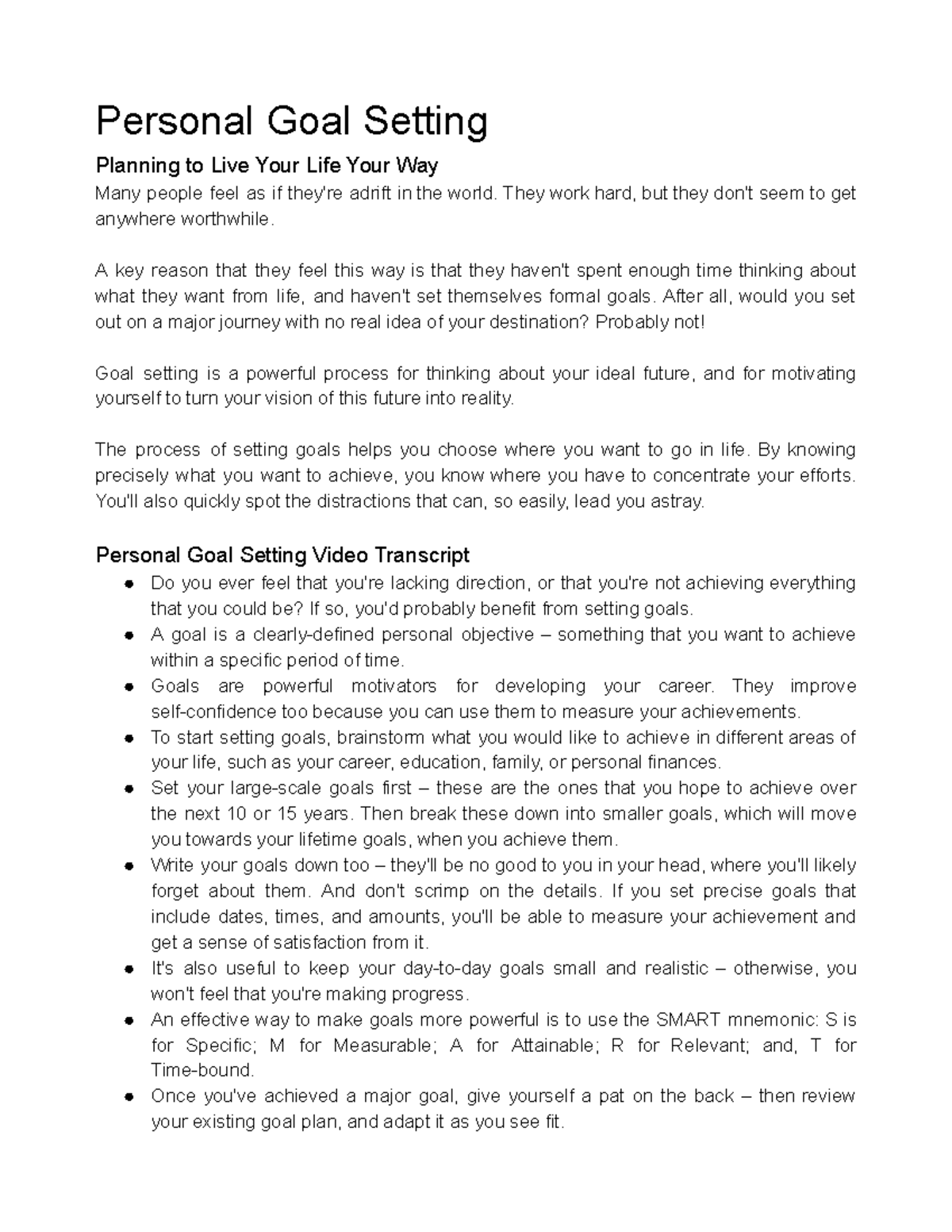 Mind Tools - Personal Goal Setting - Personal Goal Setting Planning to ...