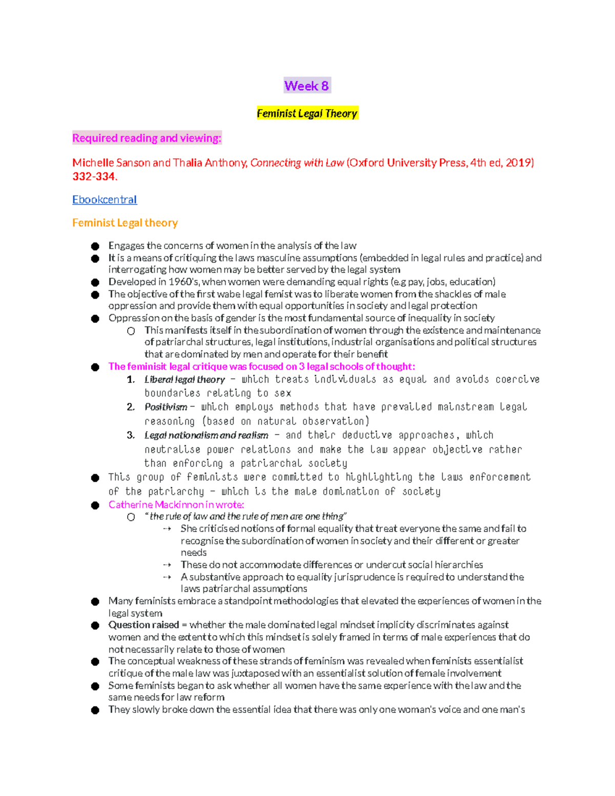 Week 8 (class 1) - h/w - Week 8 Feminist Legal Theory Required reading ...