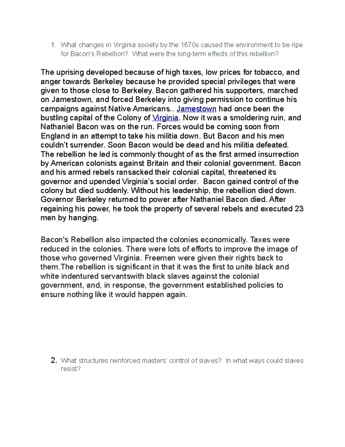 Final exam essay questions - What changes in Virginia society by the ...