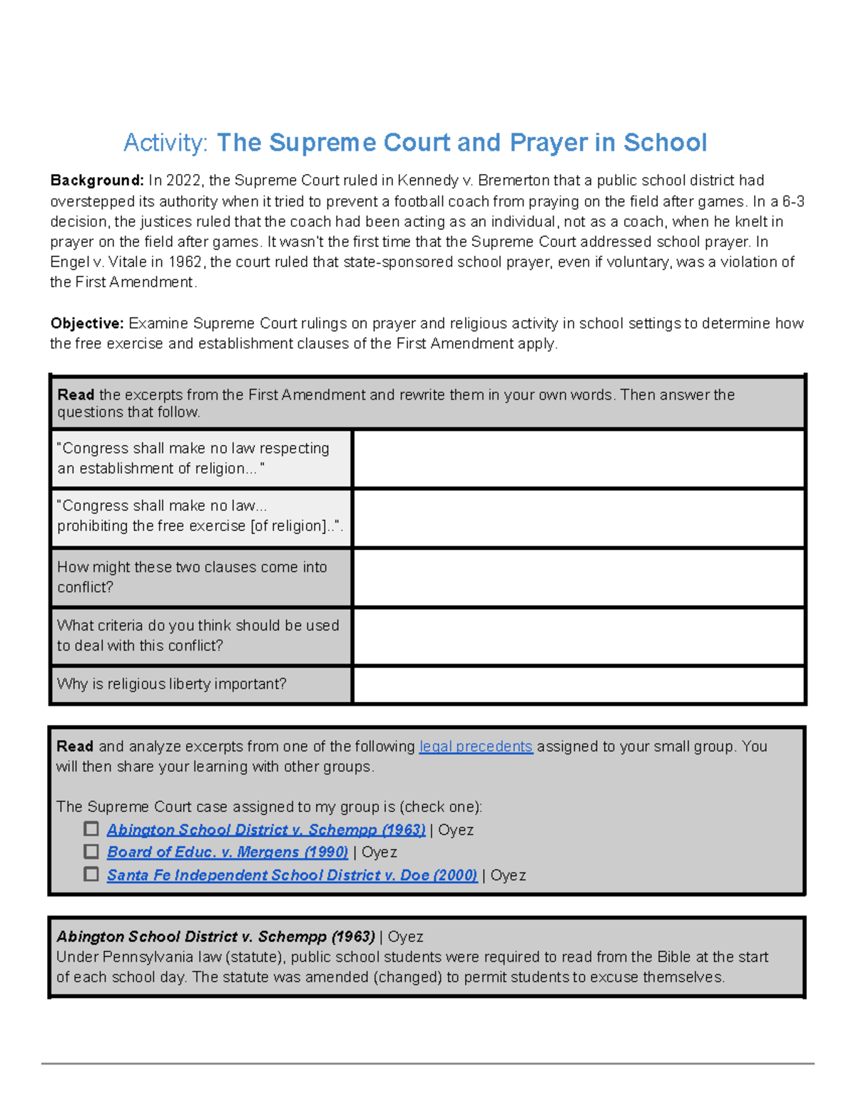 Activity The Supreme Court and Prayer in School 2 - Activity: The ...