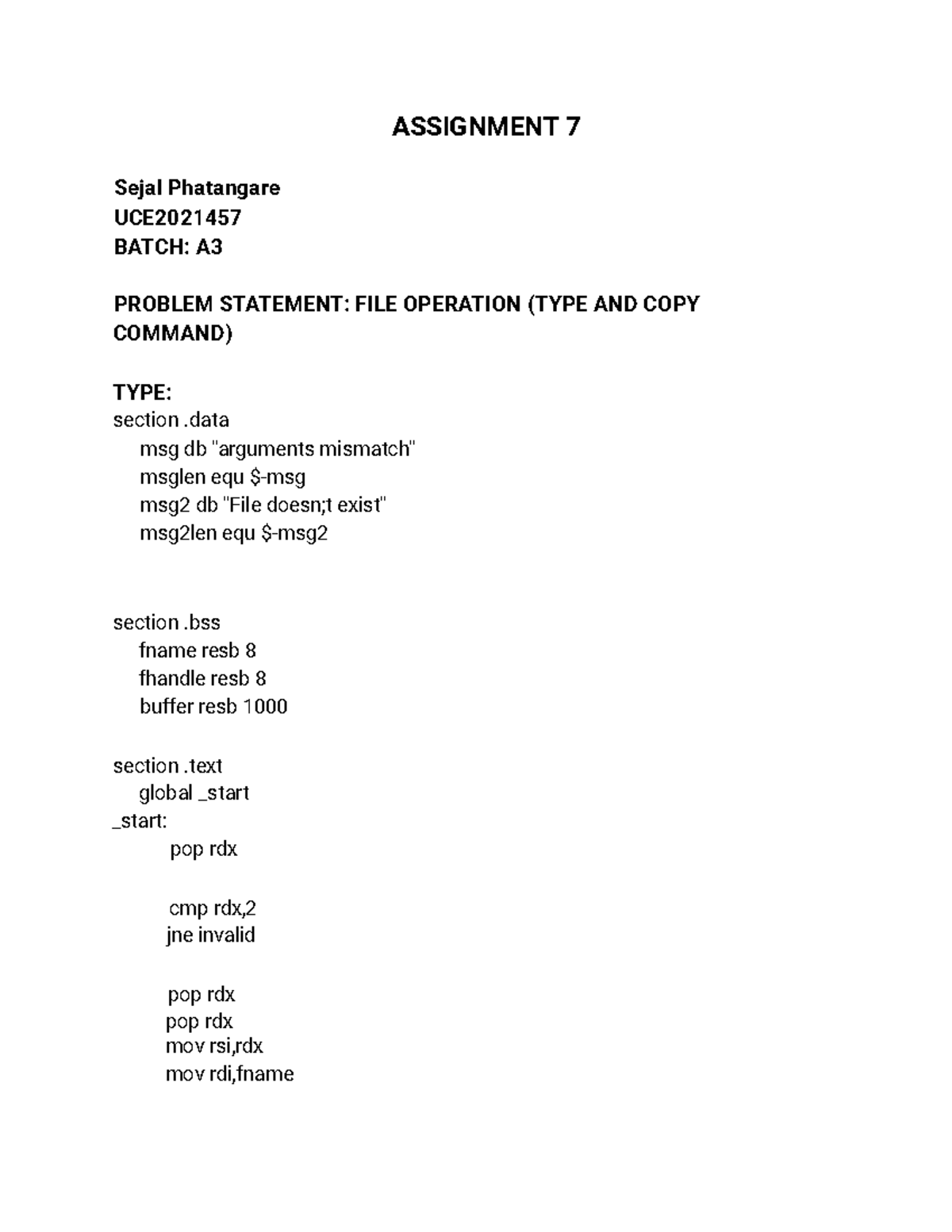 UCE2021457 MMLAssignment 7 - ASSIGNMENT 7 Sejal Phatangare UCE BATCH: A PROBLEM STATEMENT: FILE ...