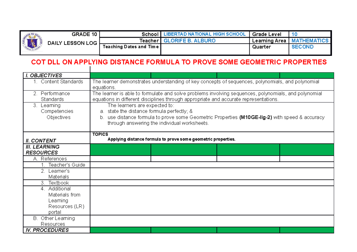 COT ON Applying Distance Formula TO Prove SOME Geometric Properties ...