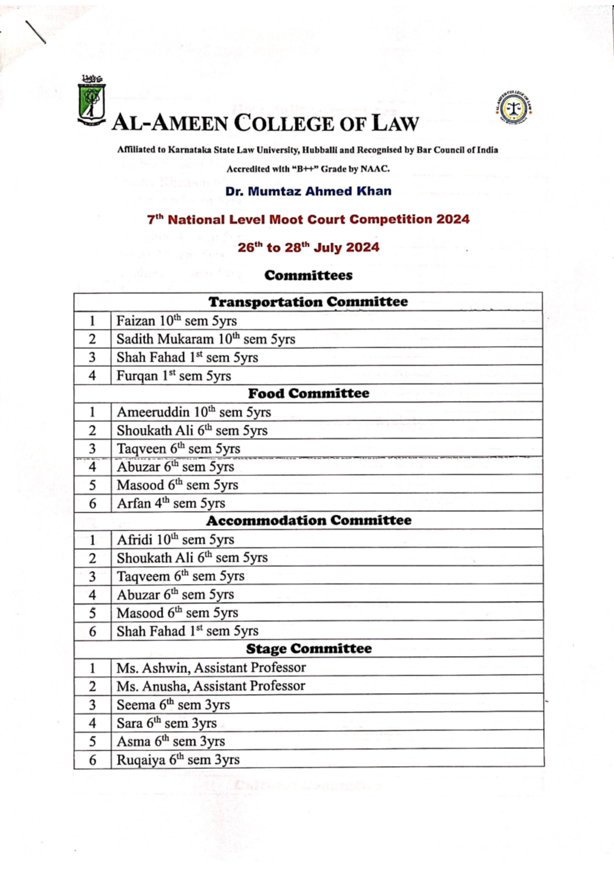 7th NMC committee incharge list - Uses COLLEGE MAY COLLEGE OF LAW ...