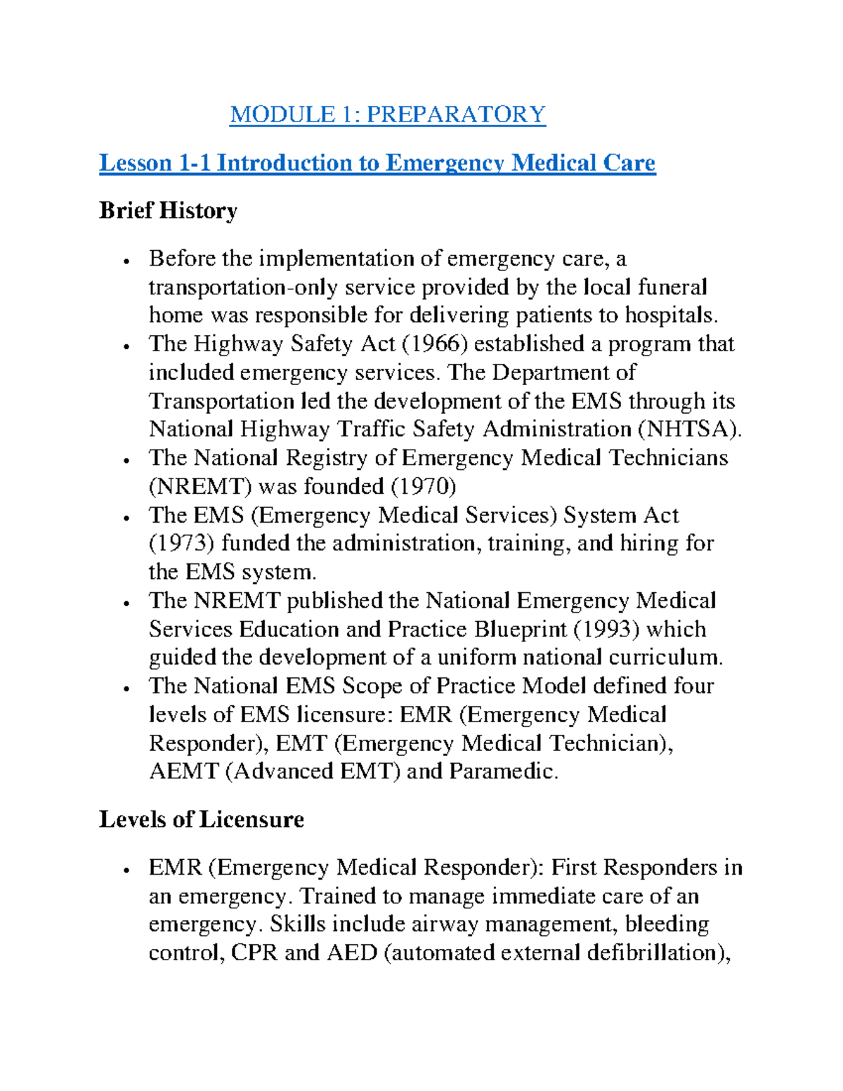 EMT Notes - MODULE 1: PREPARATORY Lesson 1-1 Introduction to Emergency ...