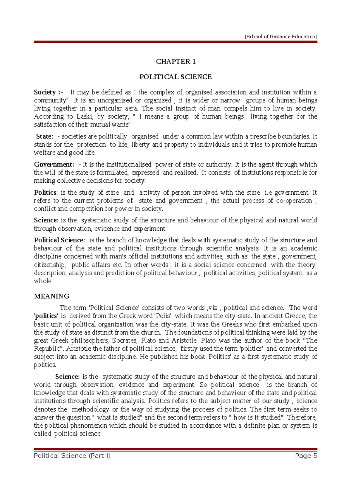 Political Science 1-5-56 - CHAPTER 1 POLITICAL SCIENCE Society :- It ...