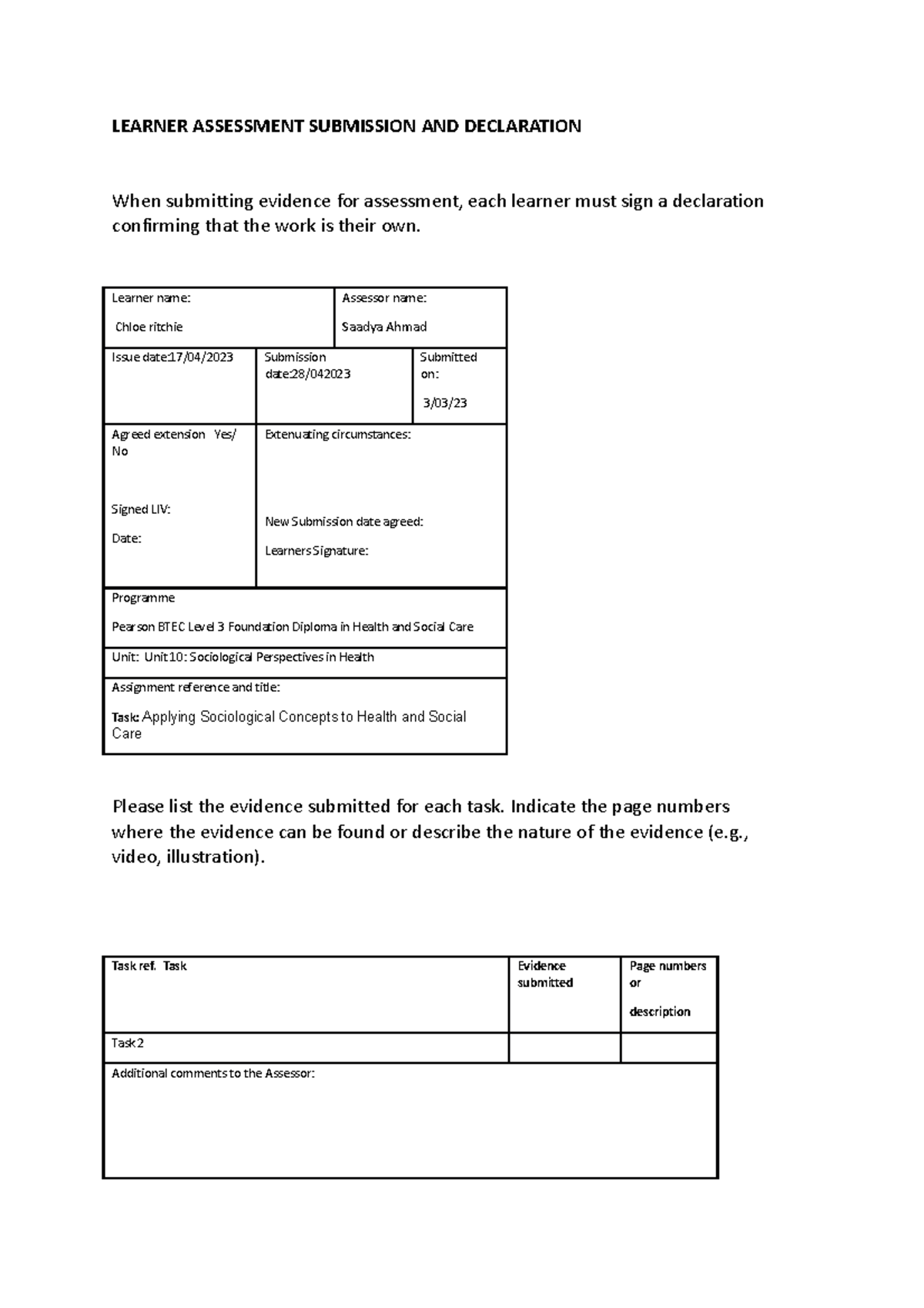 Unit 10 task 2 - LEARNER ASSESSMENT SUBMISSION AND DECLARATION When submitting evidence for ...