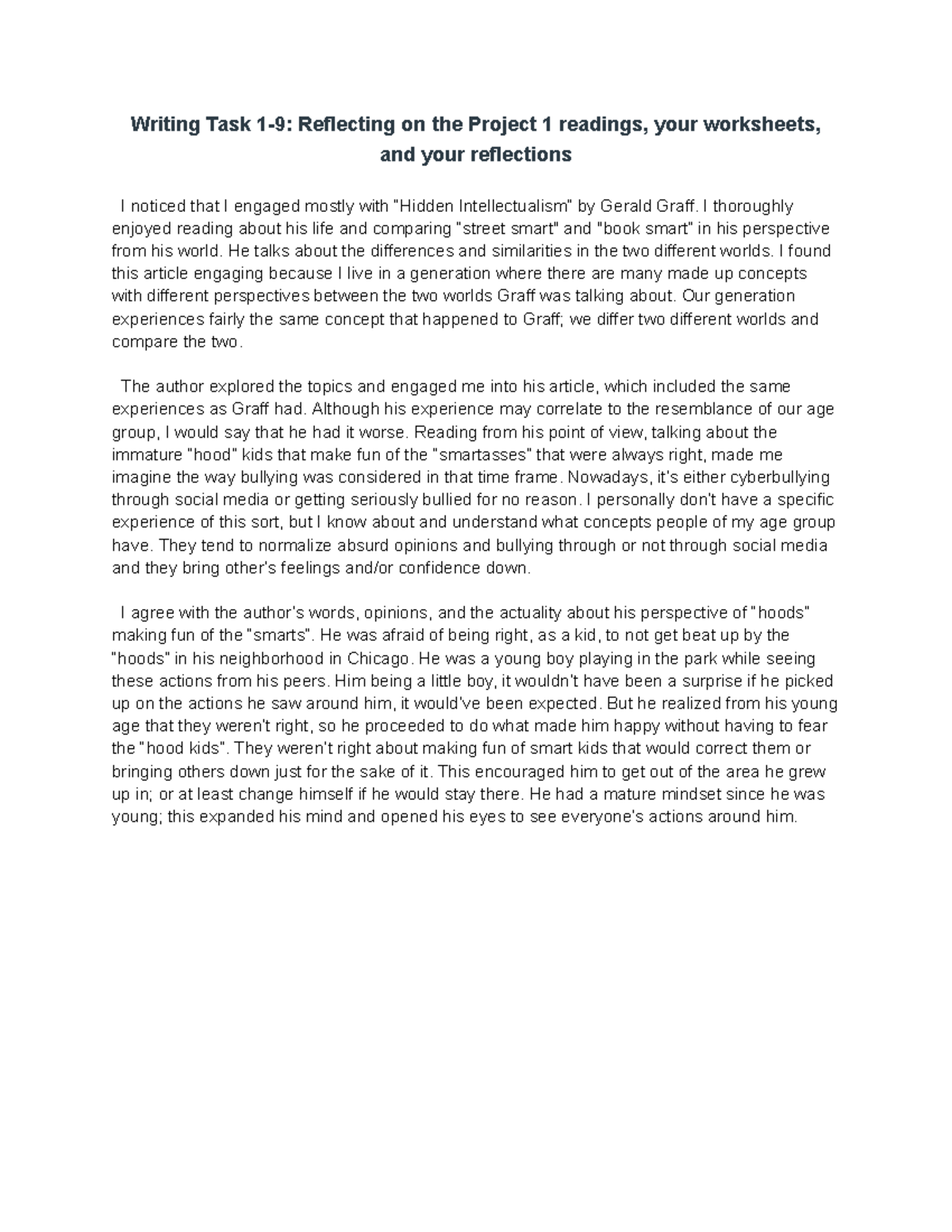 Reflecting on your readings, worksheets, and reflections - Writing Task ...