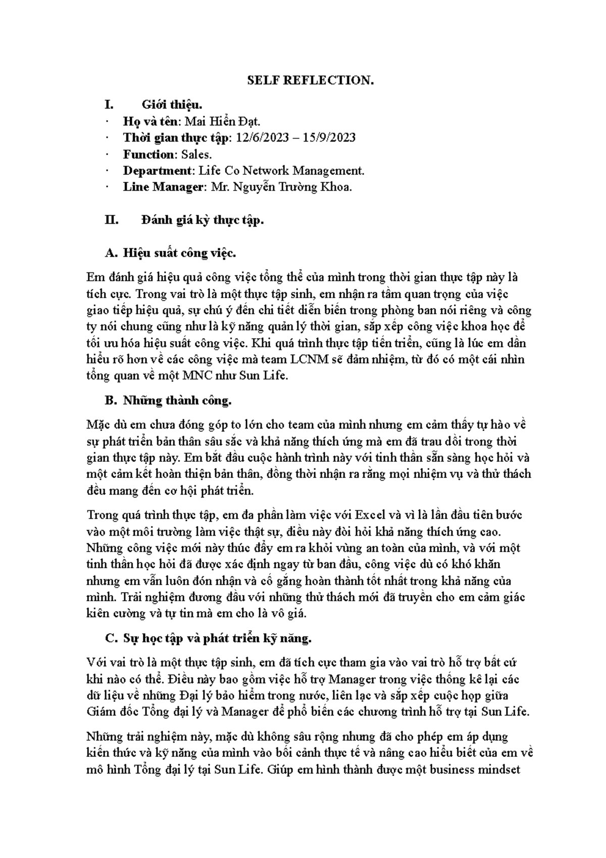 SELF Reflection - GFHFGH - SELF REFLECTION. I. Giới thiệu. Họ và tên ...