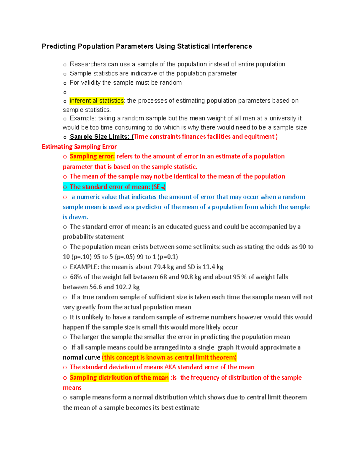Chapter 7 stats notes for class - Predicting Population Parameters ...
