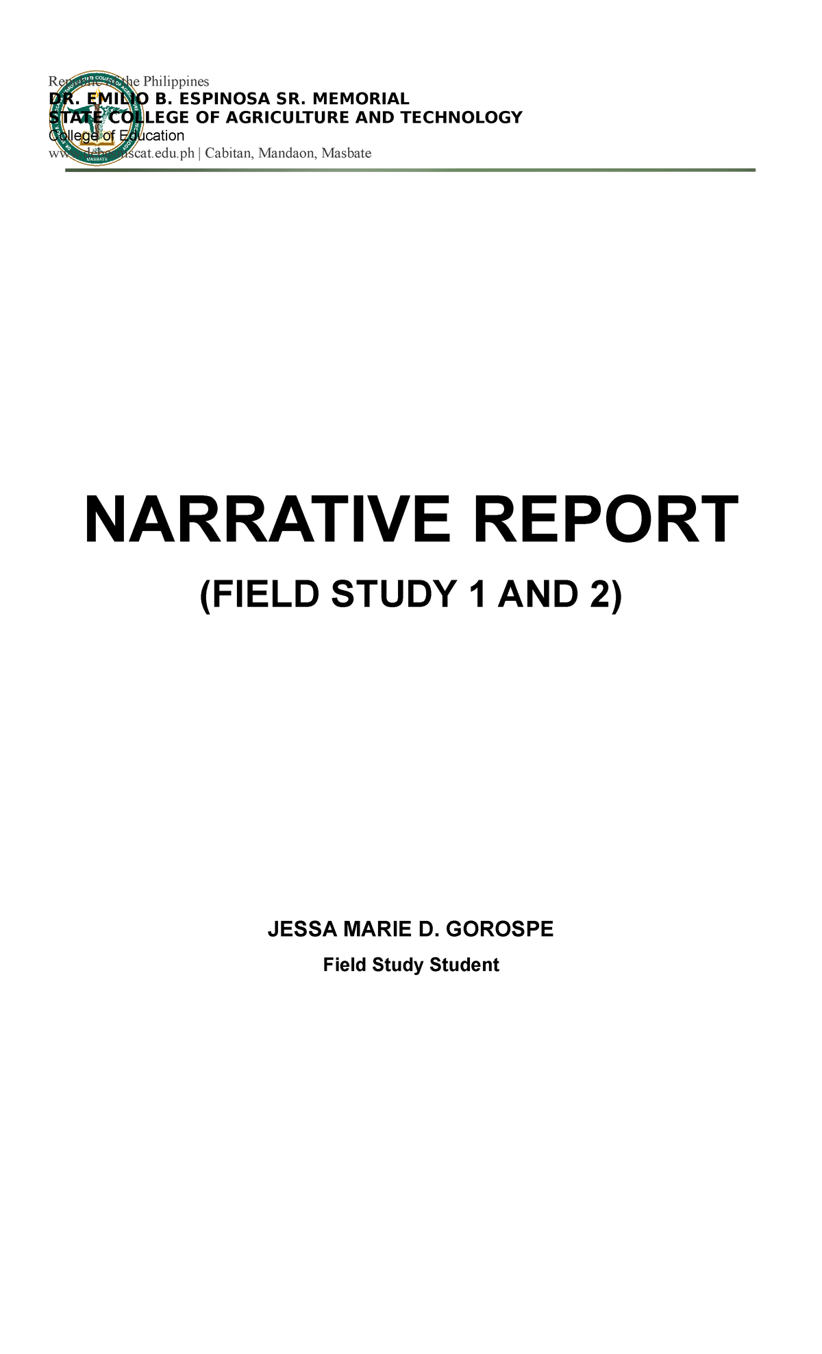 Narrative Report FS - Experience during field studies. - DR. EMILIO B ...