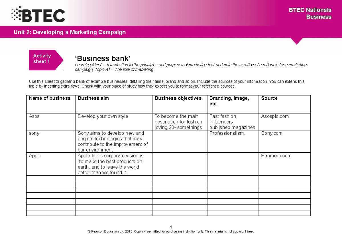 Business bank - Worksheet - ‘Business bank’ Learning Aim A ...