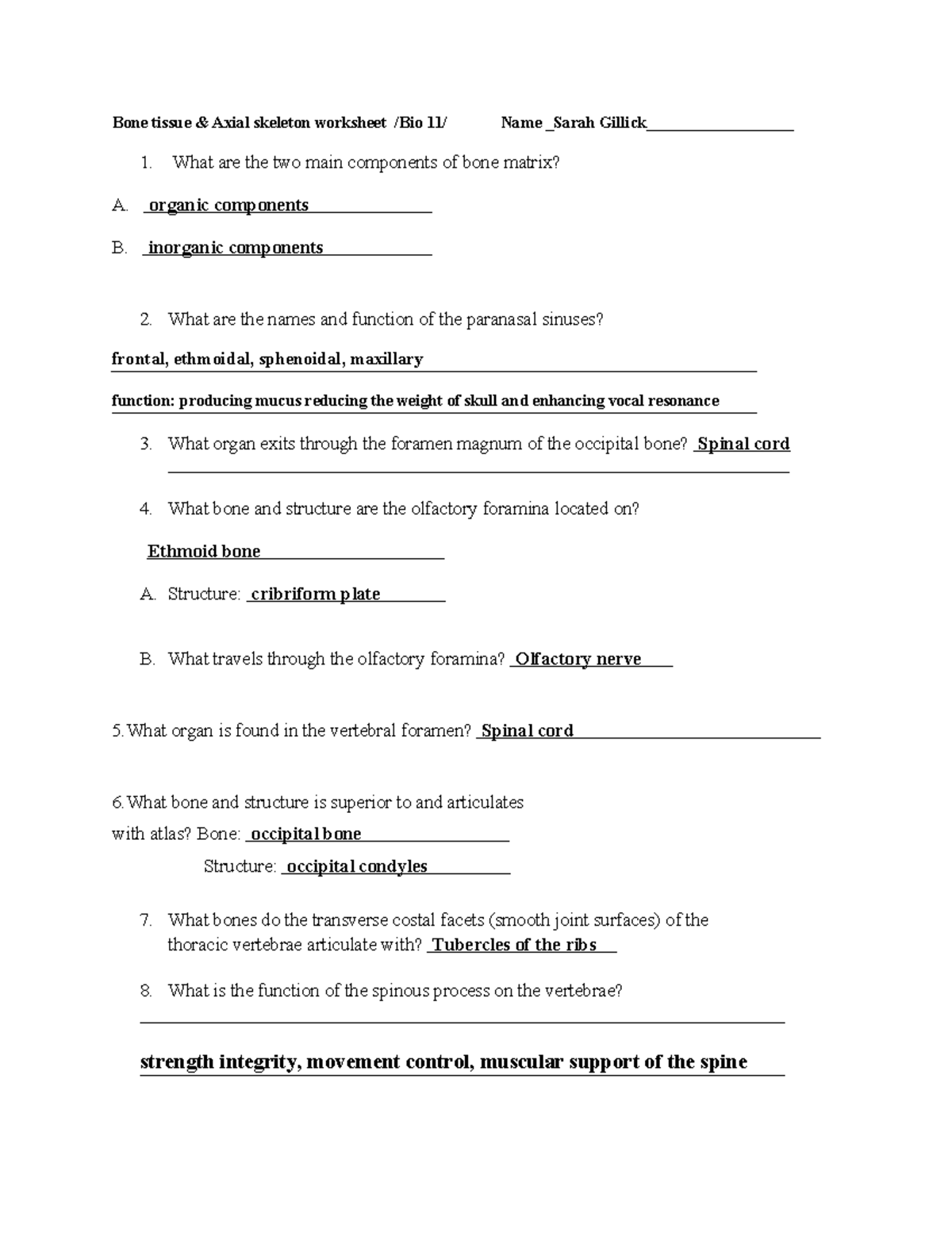 Updated Lab work sheet Axial Skeleton - Bone tissue & Axial skeleton ...