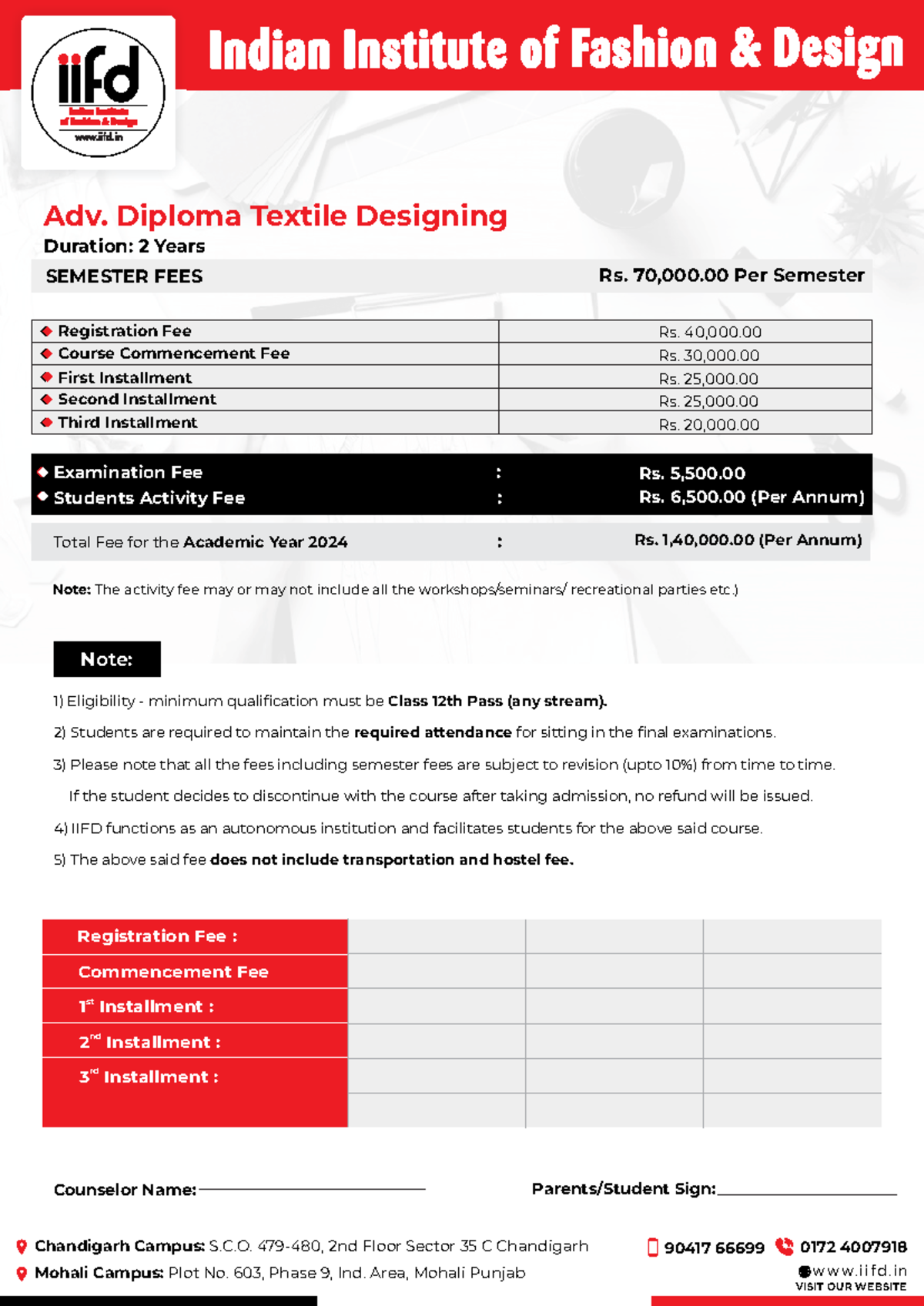 Adv. Diploma Textile Design - Note: The activity fee may or may not ...