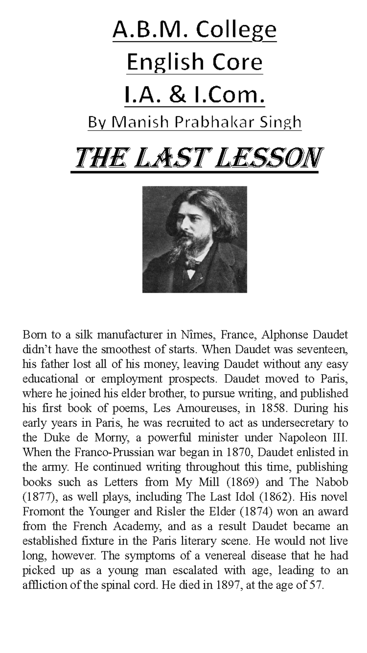 The last lesson (English Core) Class 12 I.A & I.Com. A.B.M College ...