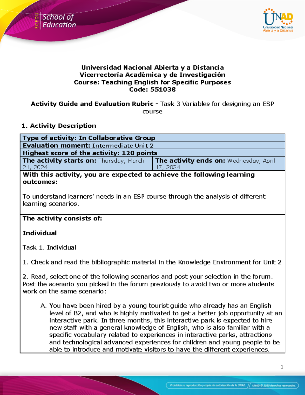 Activity Guide and Evaluation Rubric - Unit 2 - Task 3 - Variables for Designing an ESP Course ...