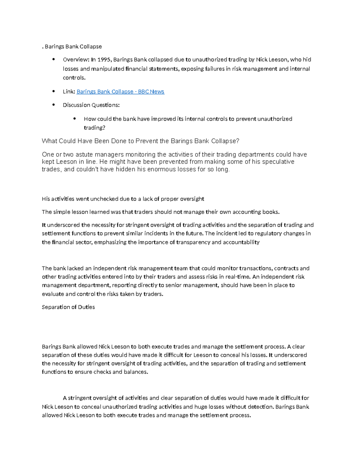 Barings Bank Collapse - weffwfe - . Barings Bank Collapse Overview: In ...