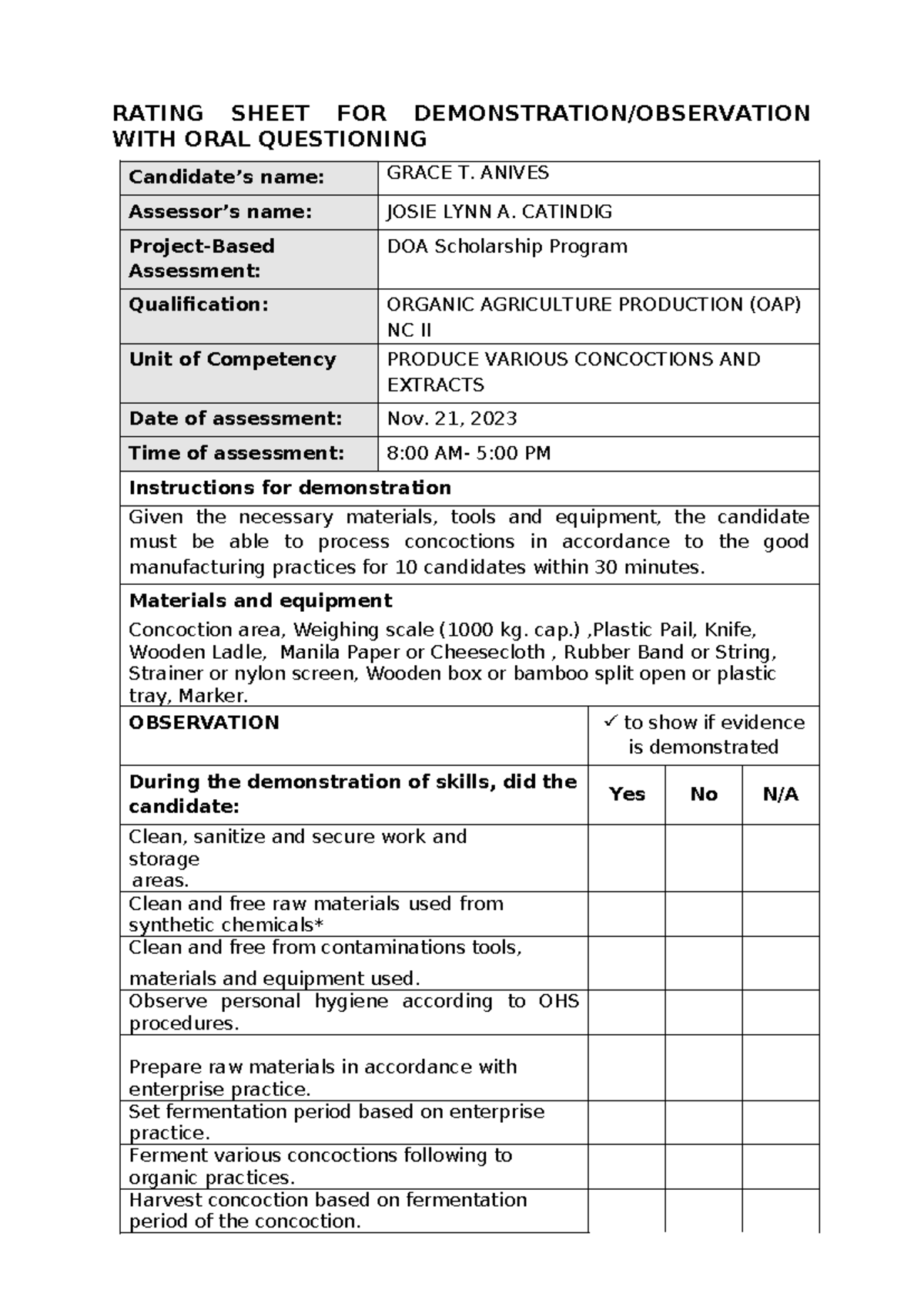 Rating sheets - competency assessment - RATING SHEET FOR DEMONSTRATION ...