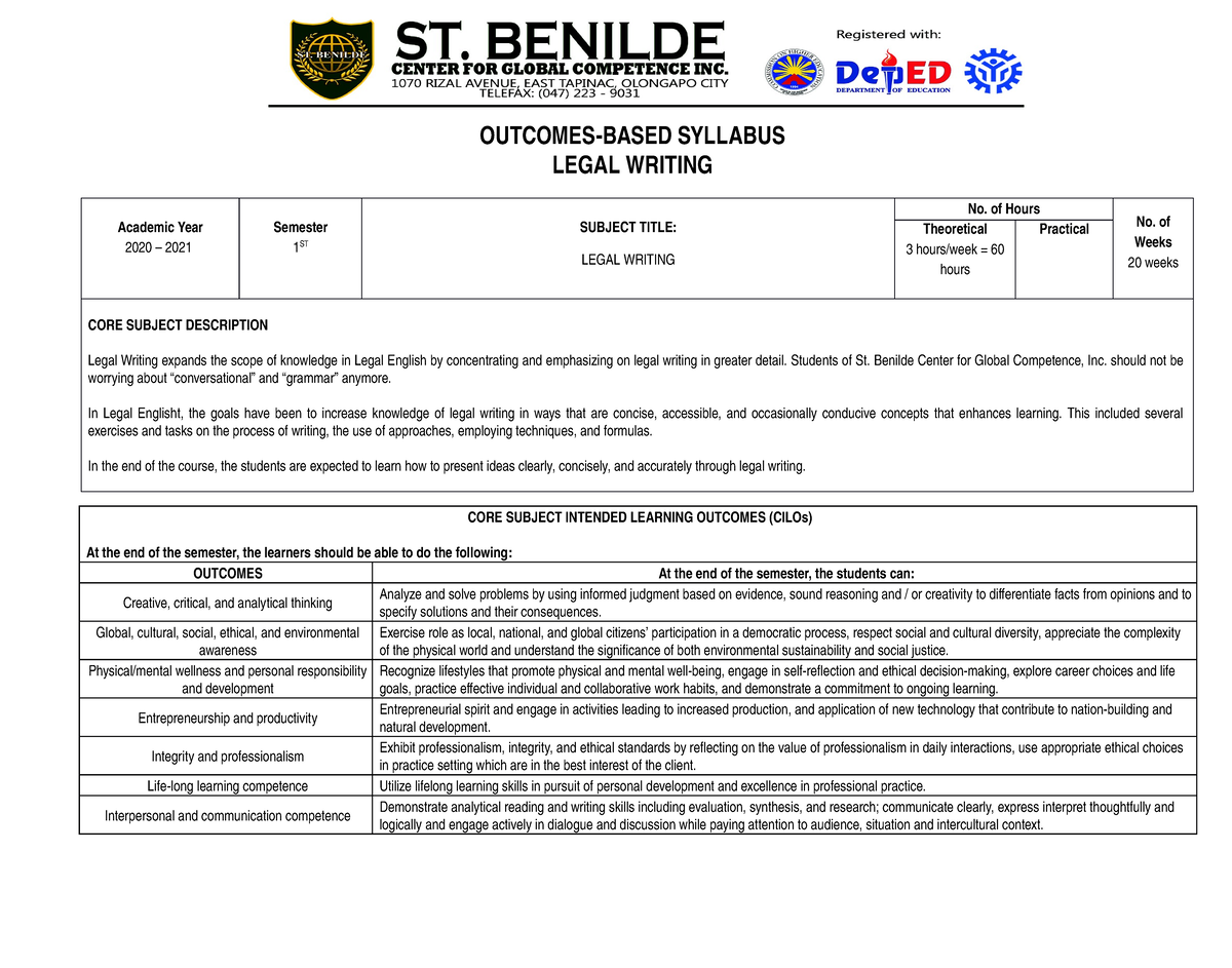 Legal Writing Syllabus - Accountancy - DLSU - Studocu