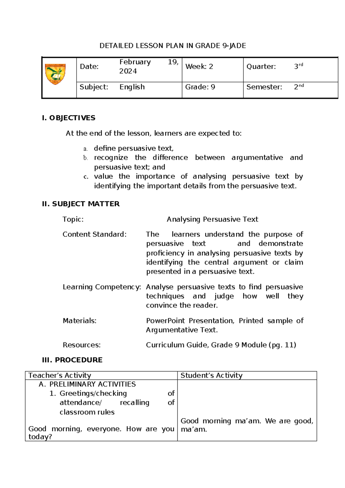 Analyzing Persuasive TEXT Dlpgrade 9JADE - DETAILED LESSON PLAN IN ...