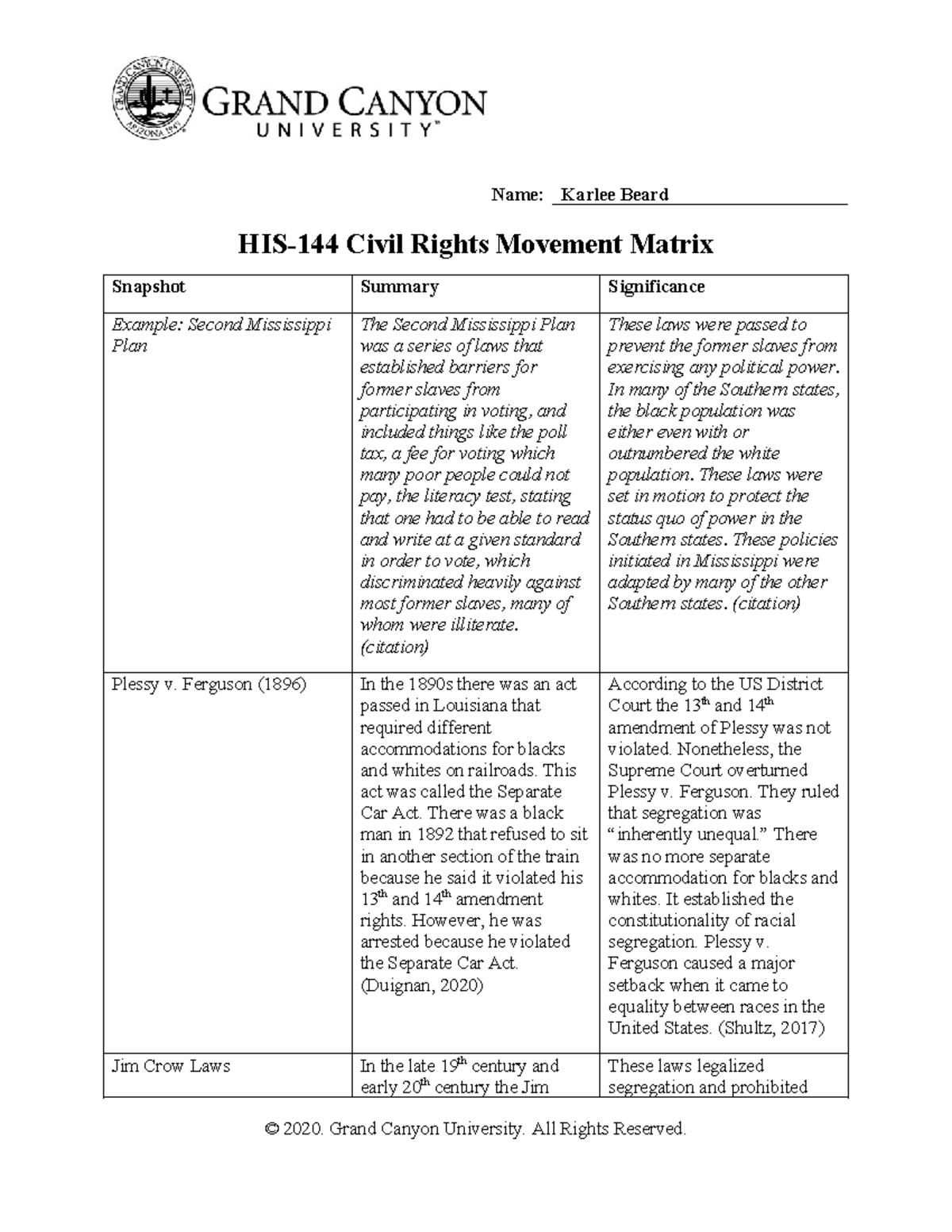 HIS-144-T6 Civil Rights Movement Matrix Online - Name: Karlee Beard HIS ...