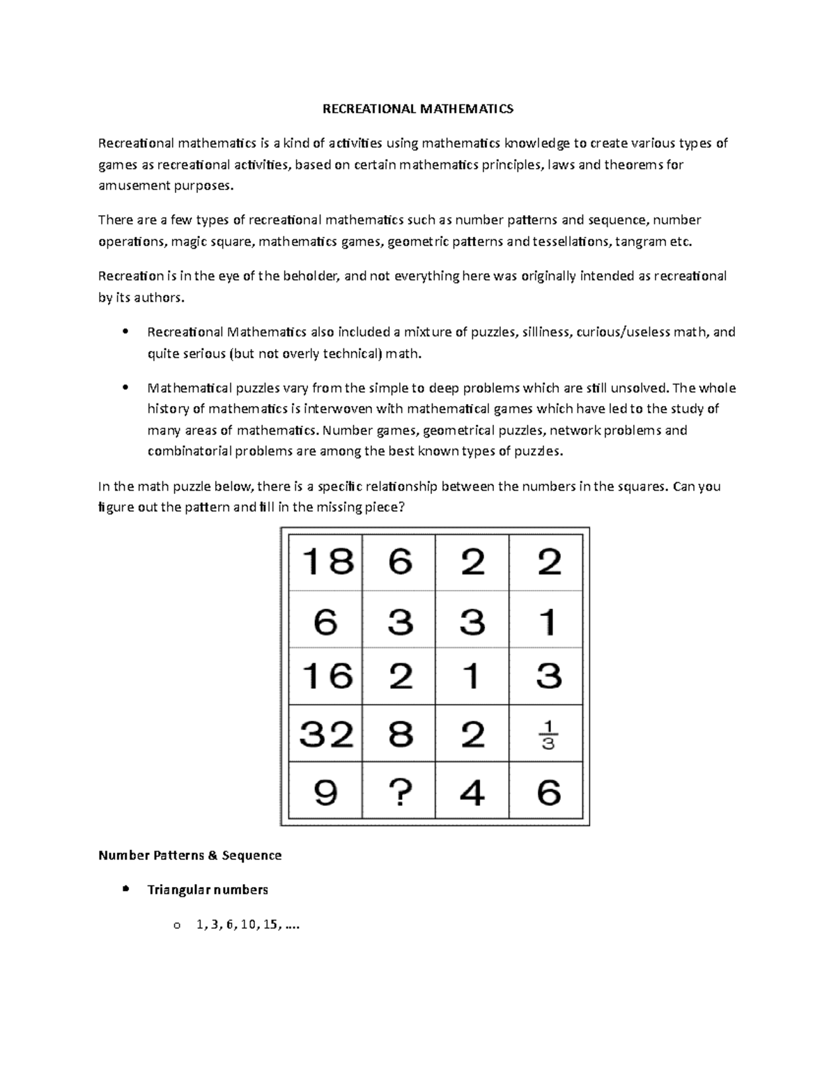 MMW Notesss - RECREATIONAL MATHEMATICS Recreational mathematics is a ...