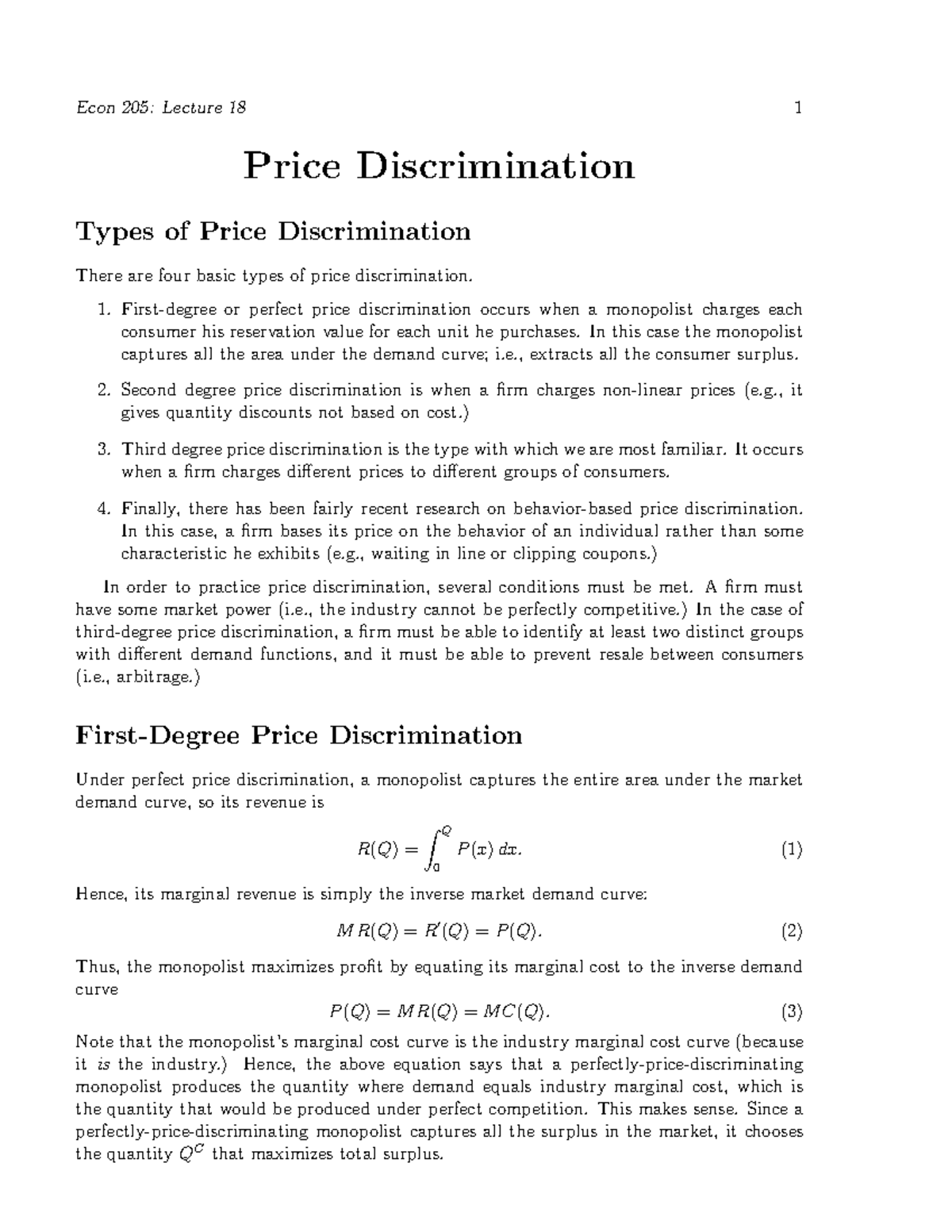 Lecture 18 Notes - Price Discrimination Types of Price Discrimination ...