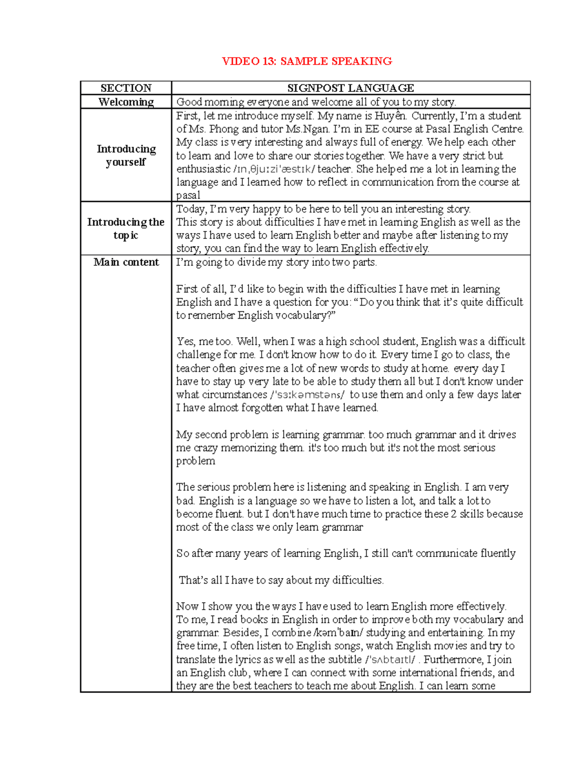 Video 13 - english 4 - VIDEO 13: SAMPLE SPEAKING SECTION SIGNPOST ...