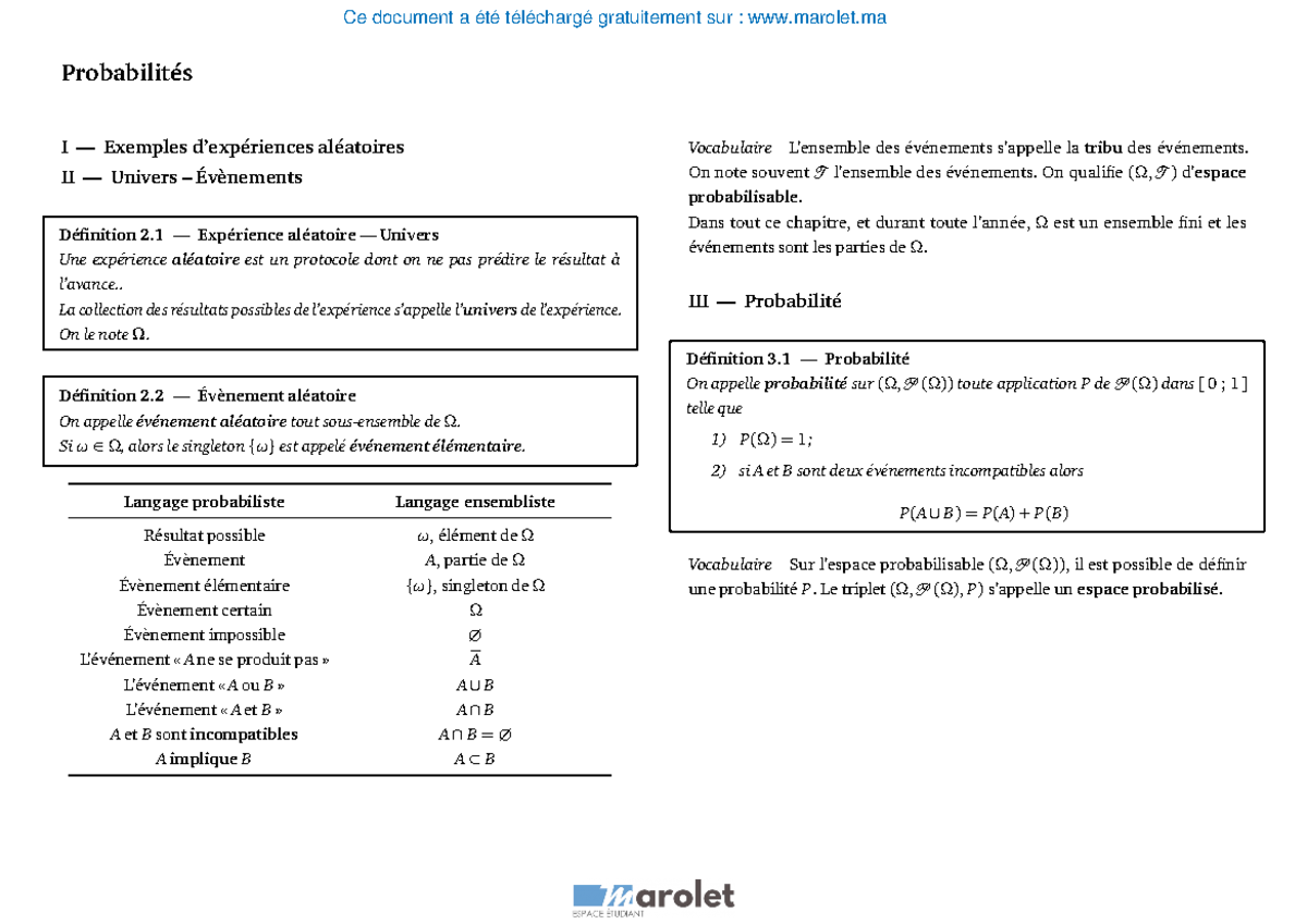 Résumé Du Cour Probabilités et Statistique SMC S4 2012 - Probabilités I ...