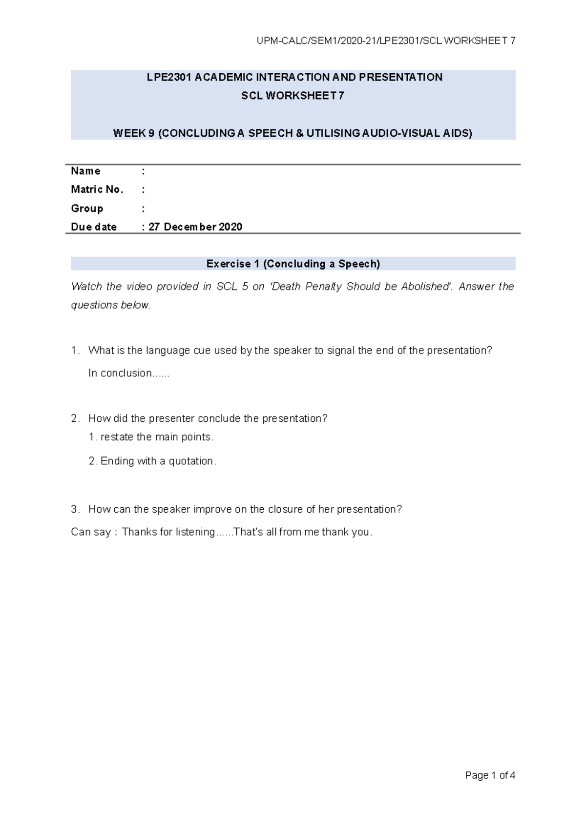 LPE2301 SCL Worksheet 7 SEM1 - LPE2301 ACADEMIC INTERACTION AND ...
