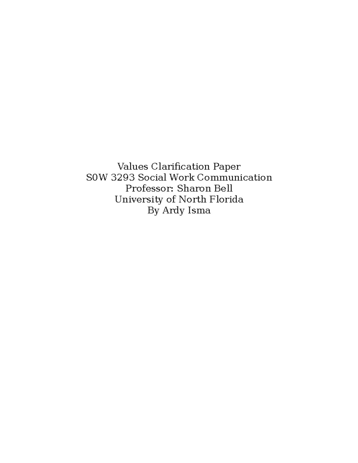 Values Clarification Paper SW302 - Values Clarification Paper S0W 3293 ...