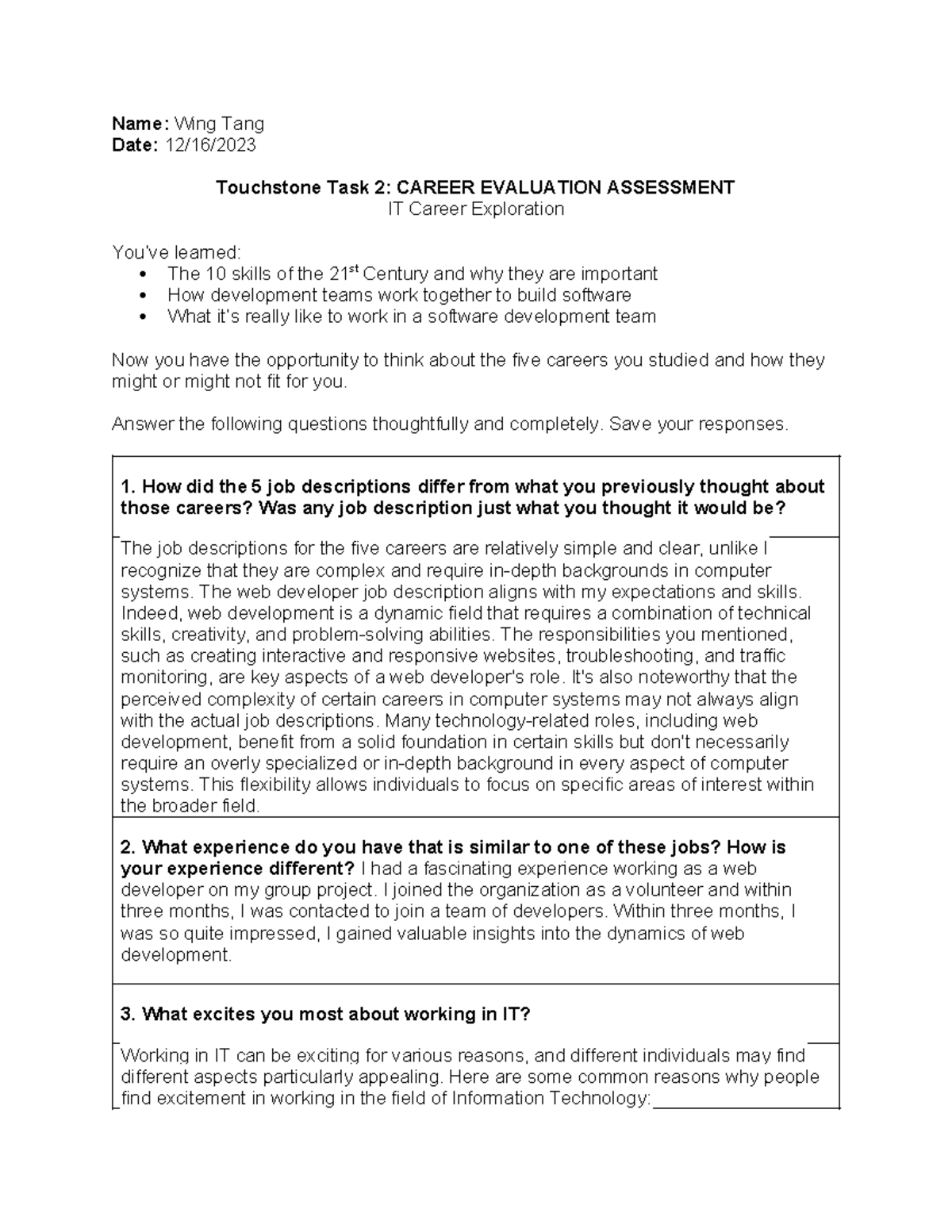Wing Tang Career Evaluation Assessment Touchstone Task 2 - Name: Wing ...