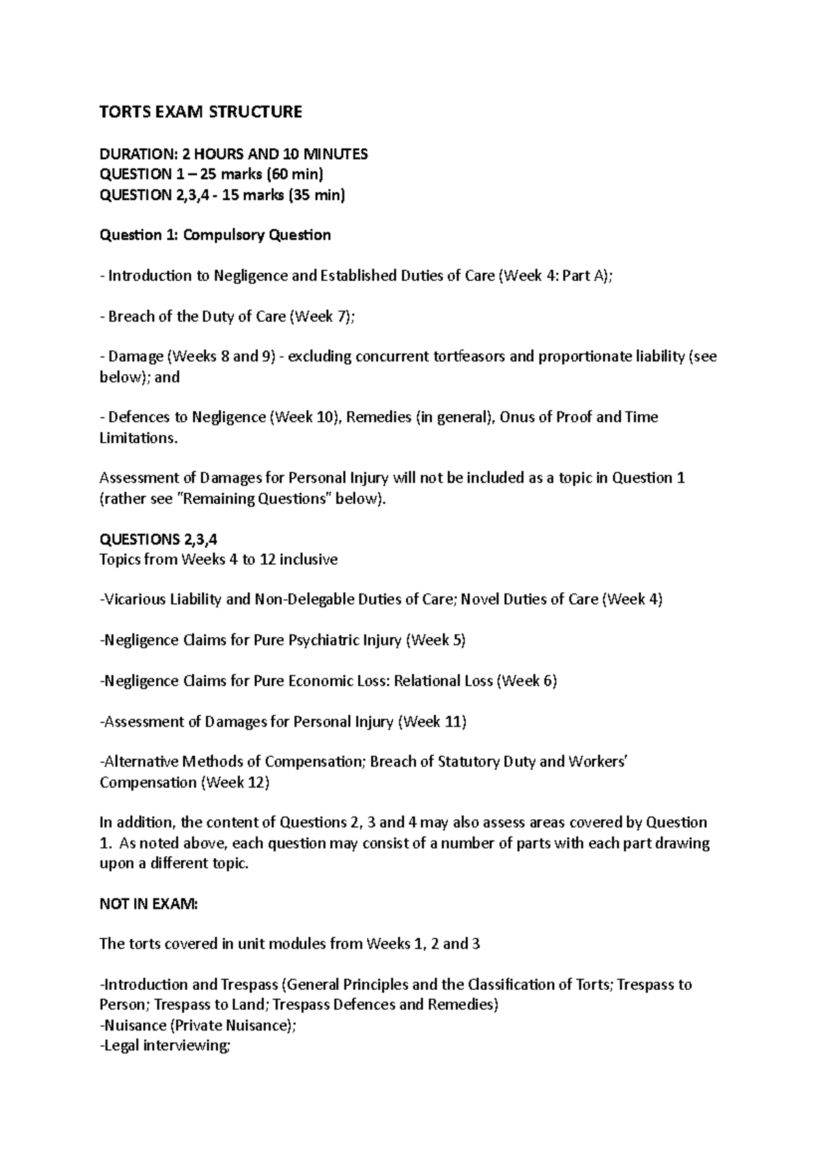 Torts EXAM Structure - TORTS EXAM STRUCTURE DURATION: 2 HOURS AND 10 ...