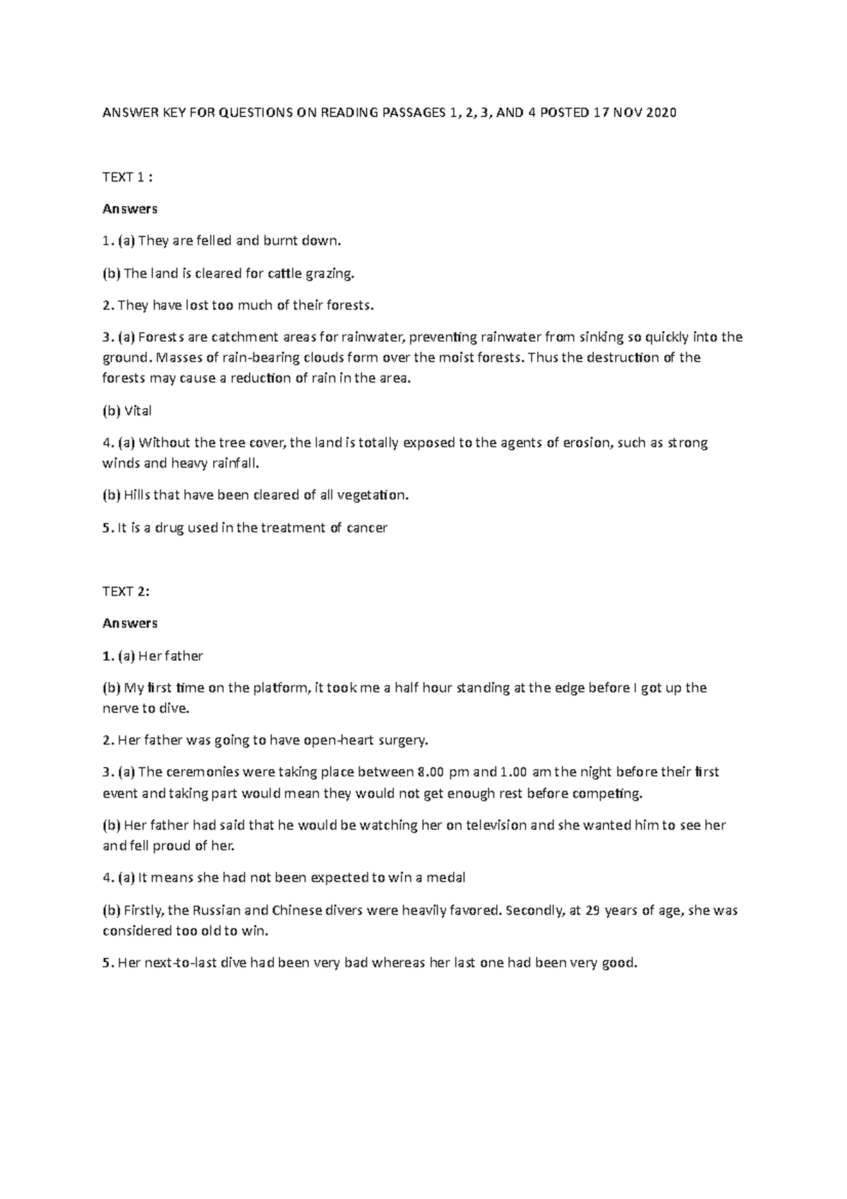 Answer KEY FOR Reading Passages 1,2,3, 4 - ANSWER KEY FOR QUESTIONS ON ...