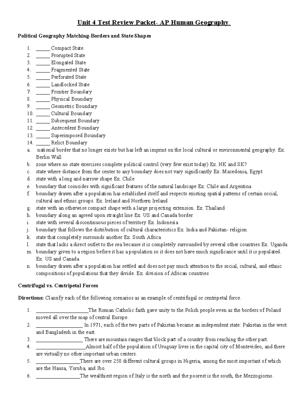Unit 4 geog review packet - Unit 4 Test Review Packet- AP Human ...