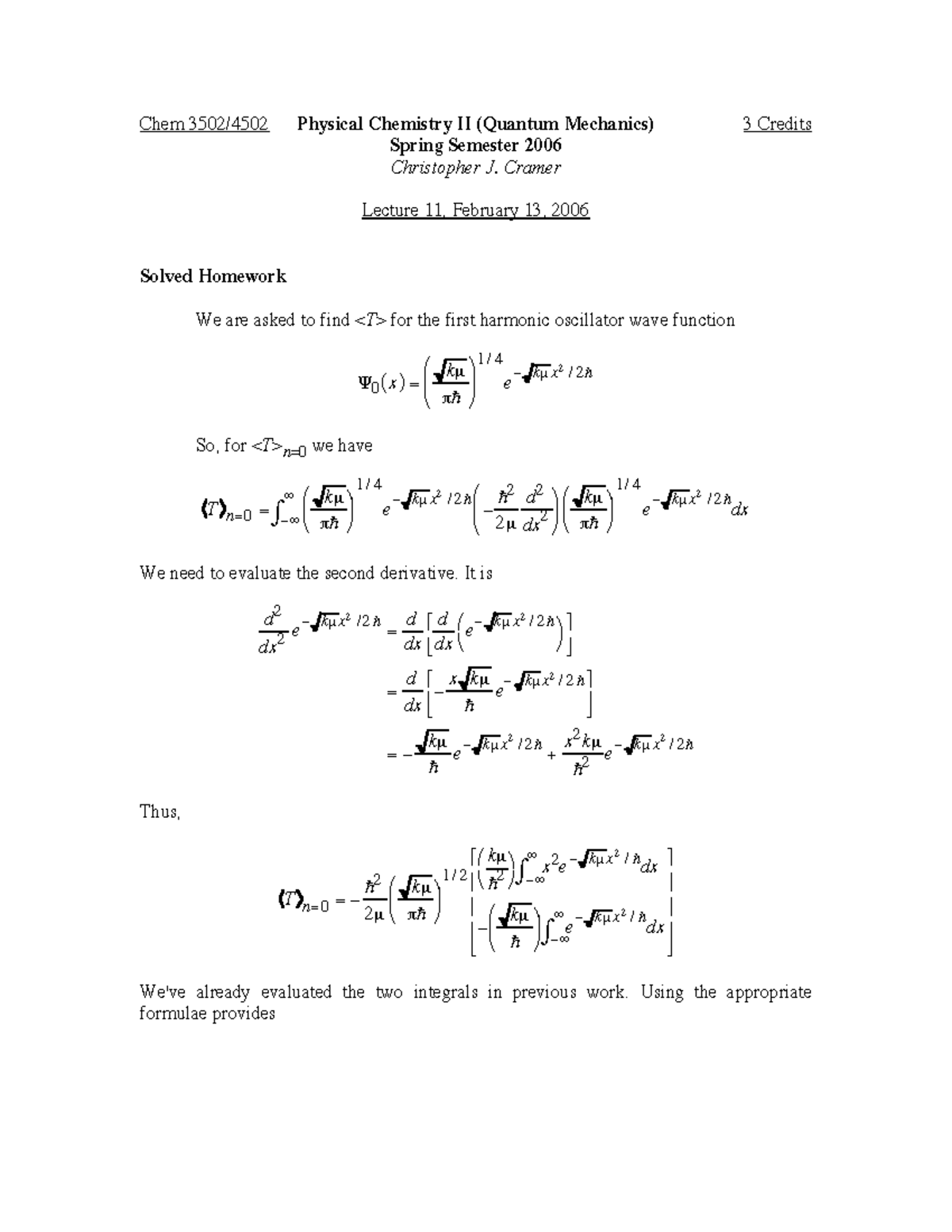 4502 lecture 11 - Chem Physical Chemistry II (Quantum Mechanics) Spring ...