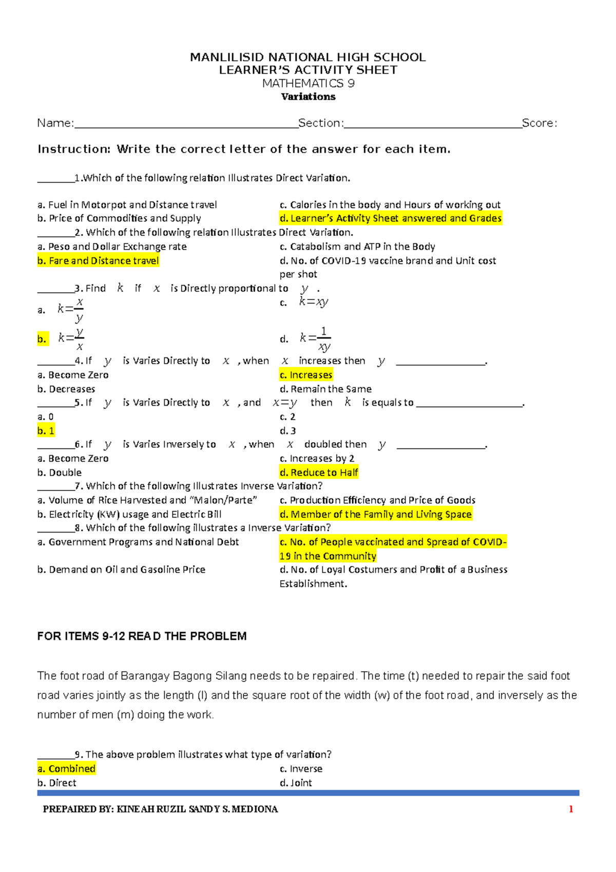 LAS/QUIZ Mathematics 9 Quarter 2 Module 1 - MANLILISID NATIONAL HIGH ...