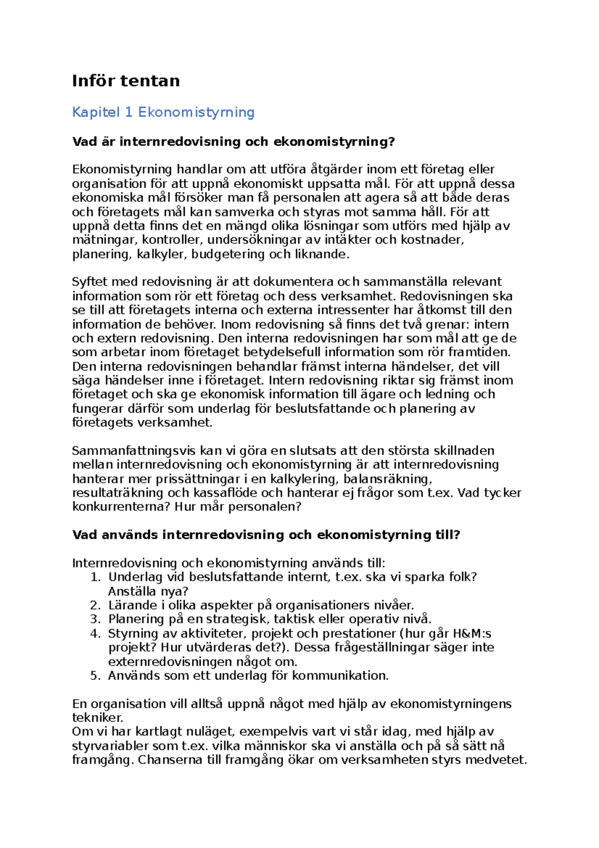 Inför Tentan Inför Tentan Kapitel 1 Ekonomistyrning Vad är
